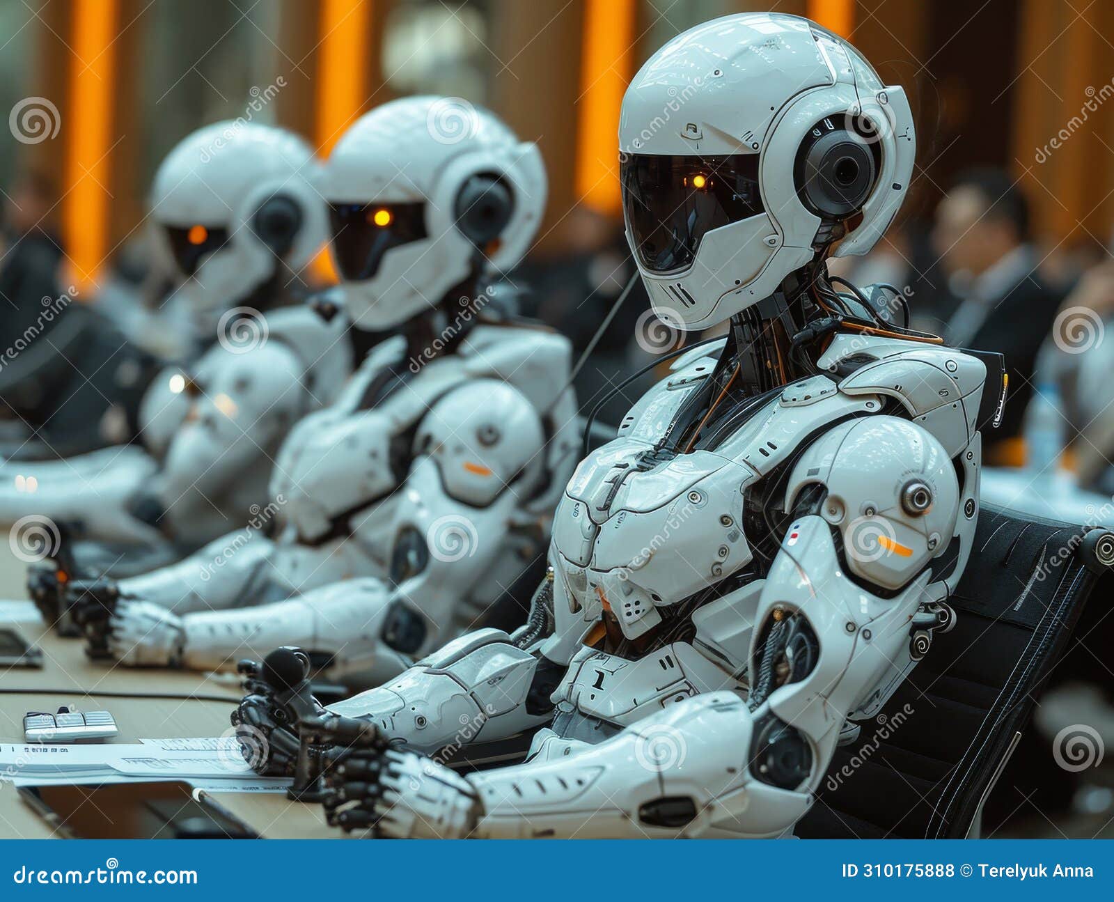 Robots Sitting at Conference Table Stock Photo - Image of artificial ...