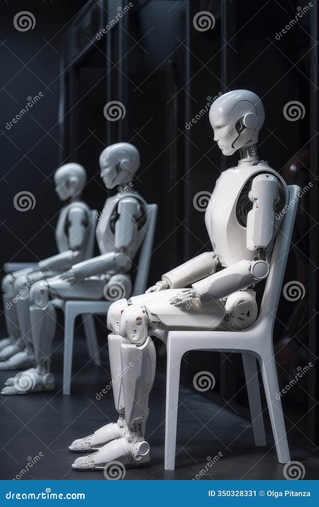 Robots Sitting in Line on Chairs, Futuristic Humanoid Robots ...