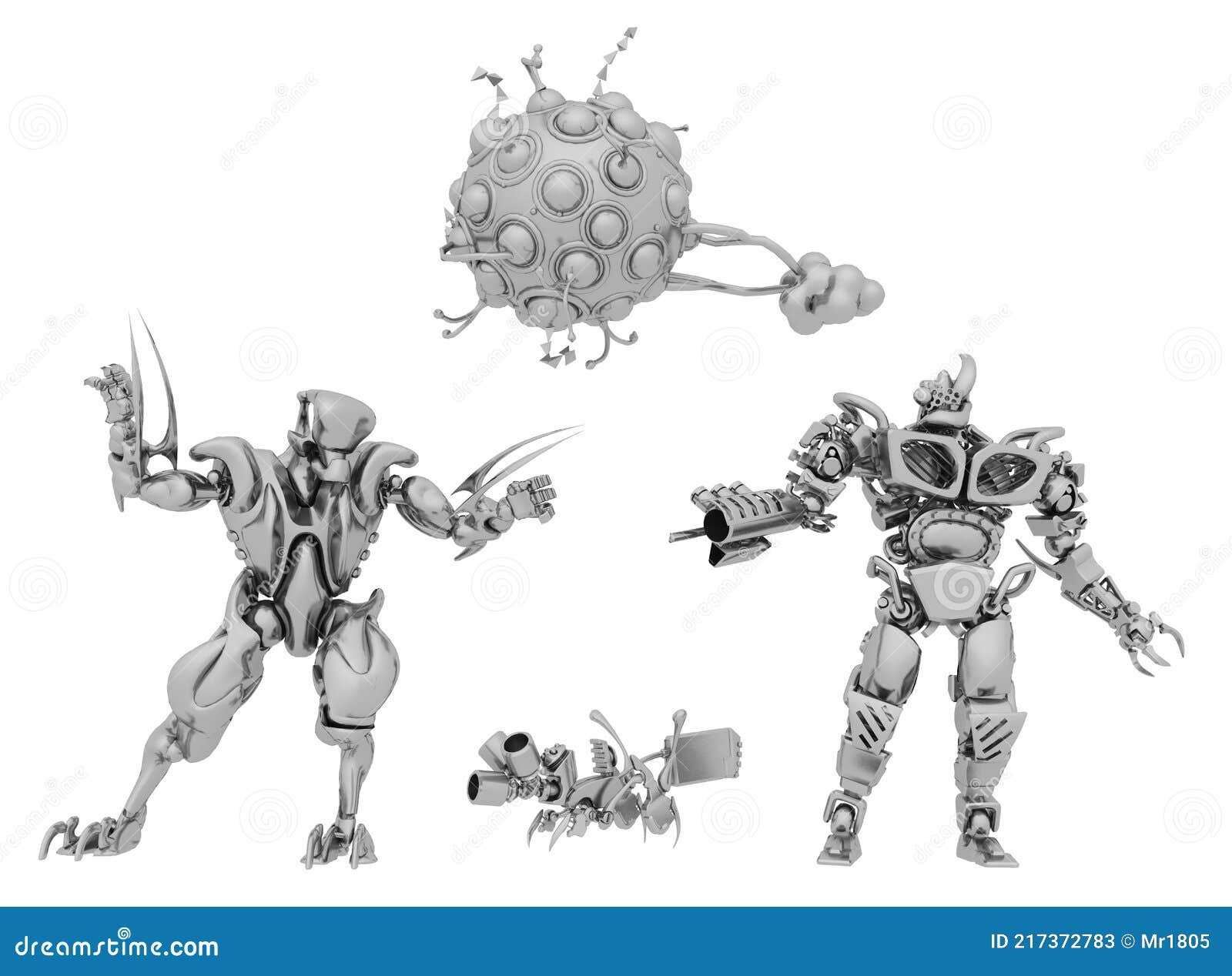 Robots and Spaceship Isolated on White Background Stock Illustration ...
