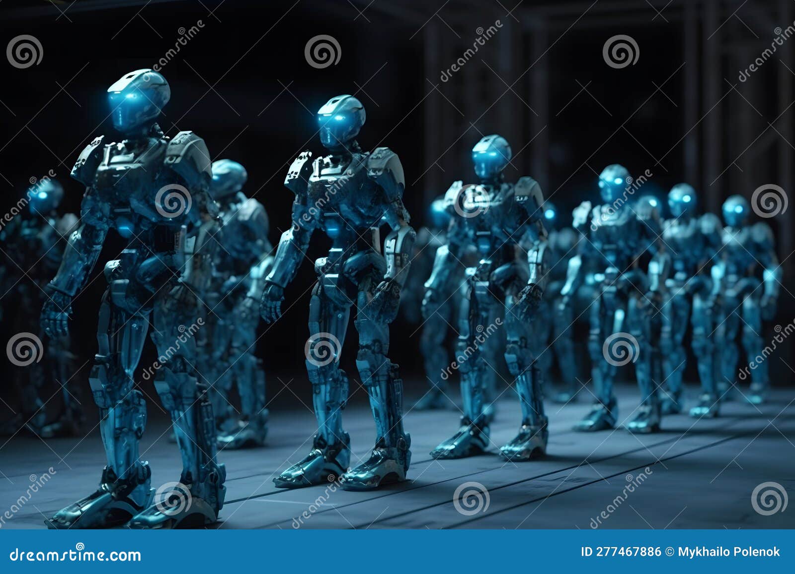 Robots Stand in Line. Neural Network AI Generated Stock Illustration ...