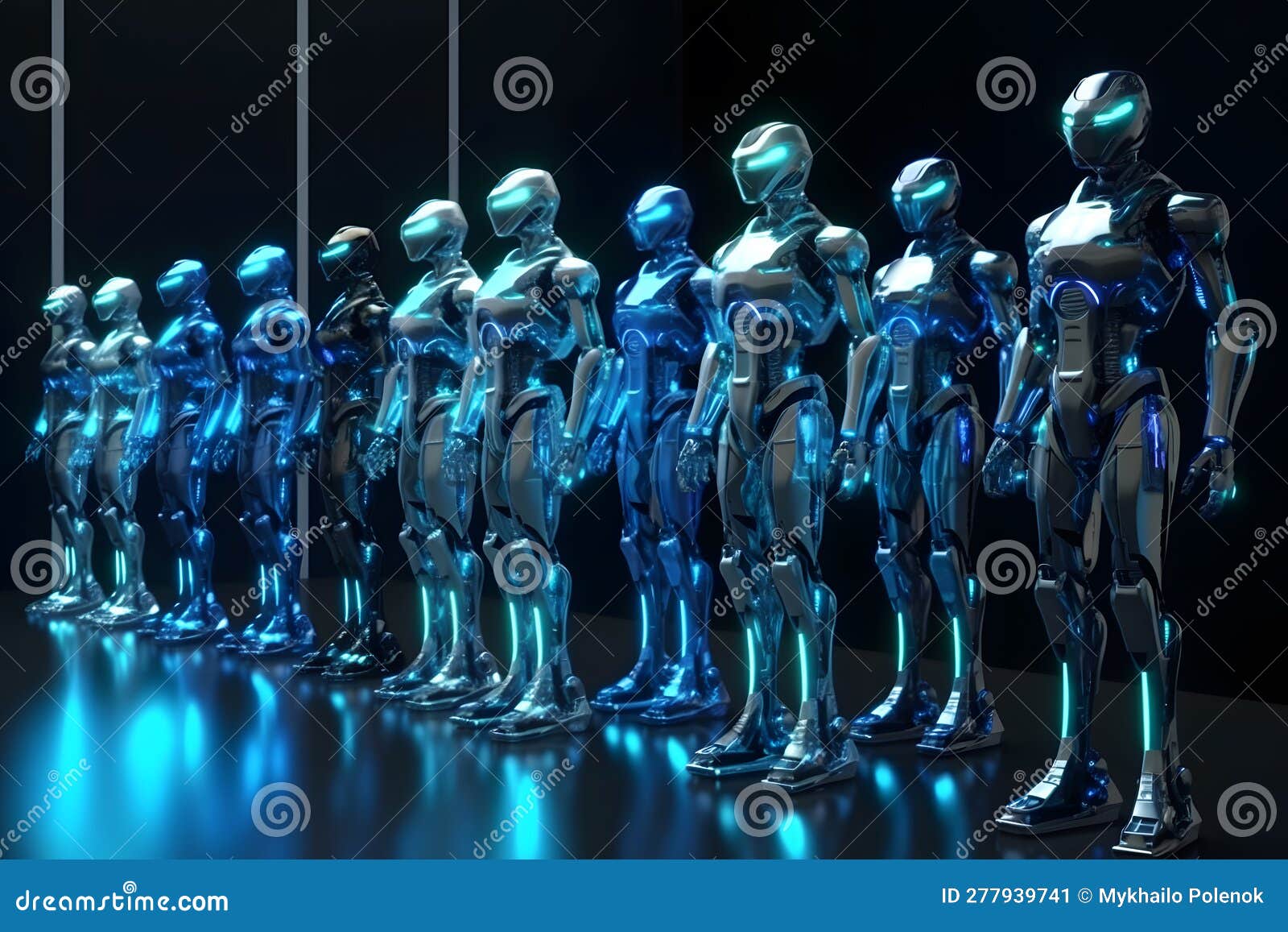 Robots Stand in Line. Neural Network AI Generated Stock Illustration ...