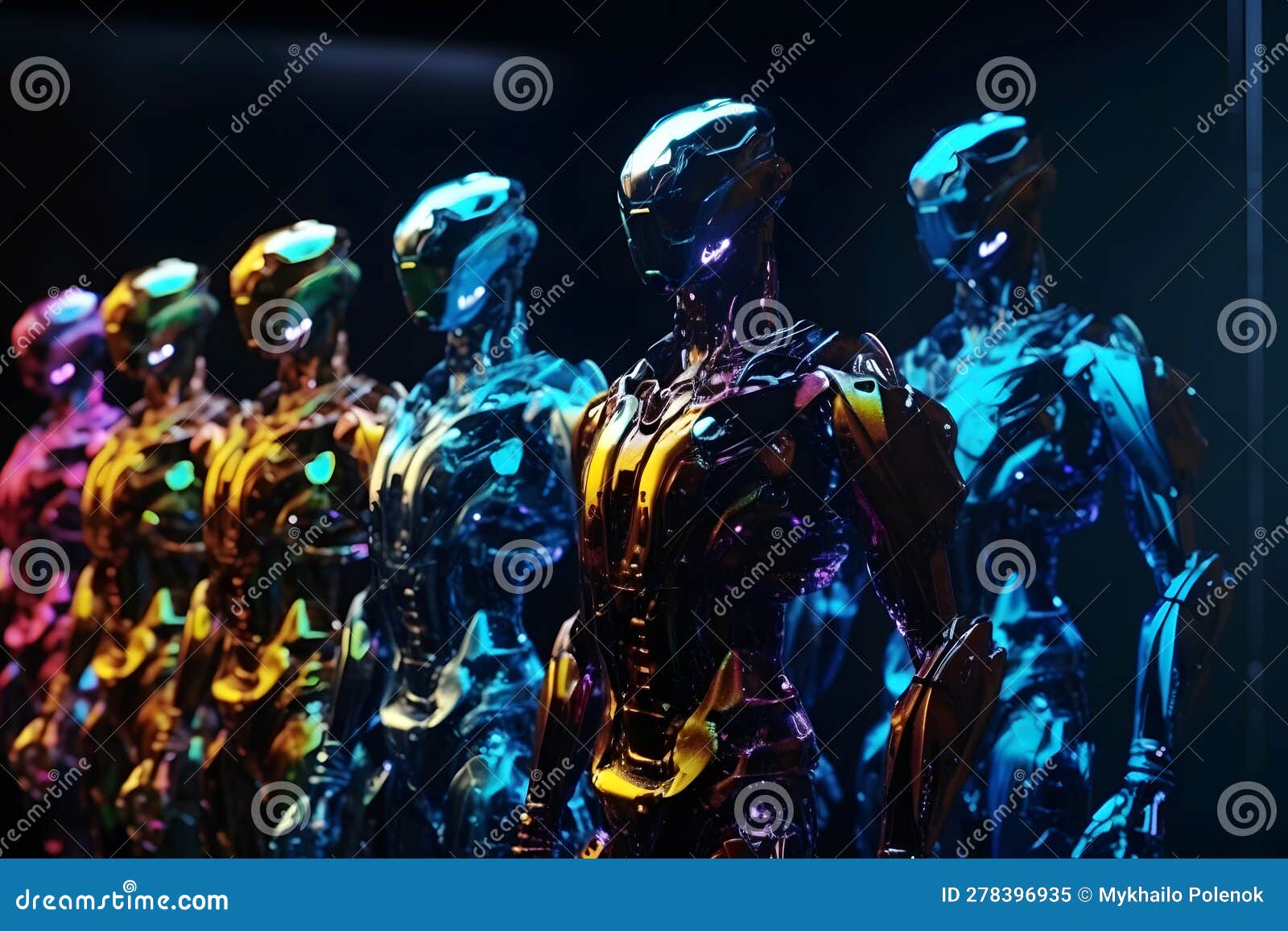 Robots Stand in Line. Neural Network AI Generated Stock Illustration ...