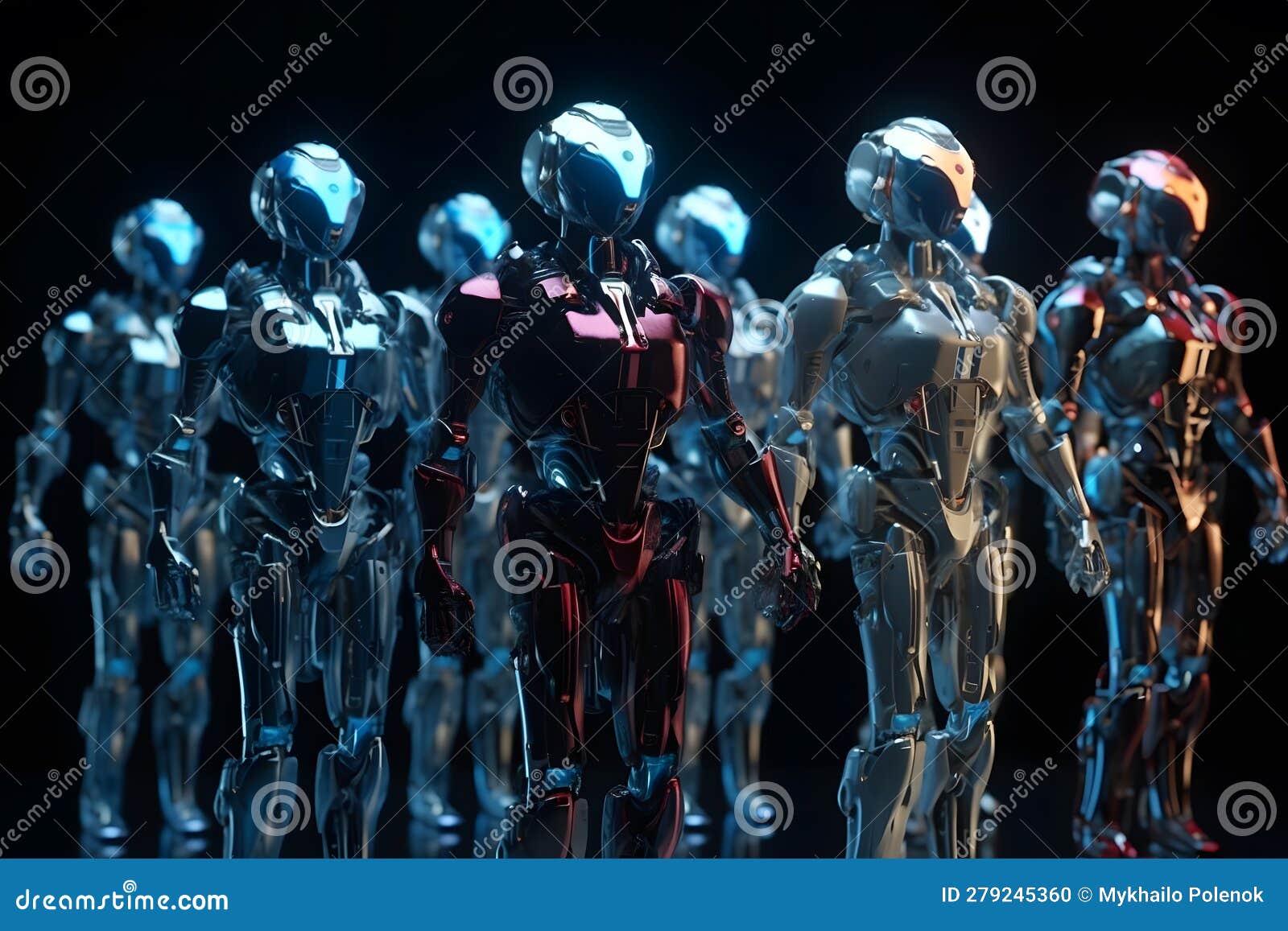 Robots Stand in Line. Neural Network AI Generated Stock Illustration ...