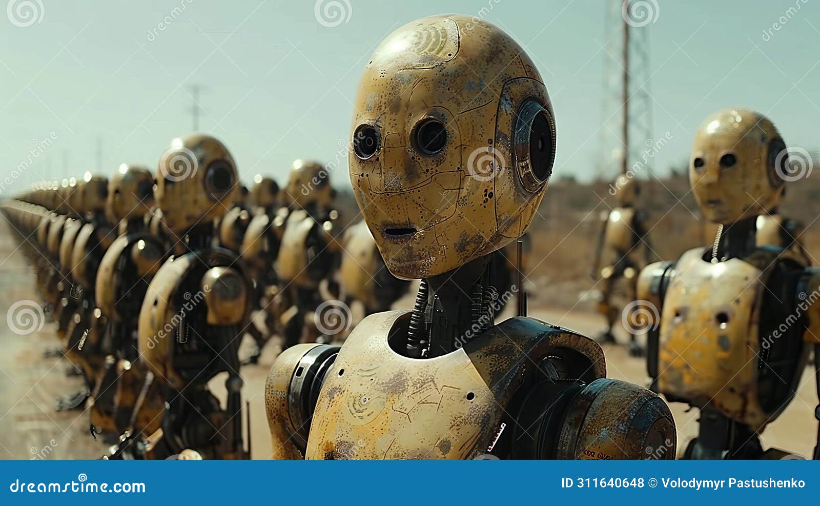 Robots stand in a row stock photo. Image of robot, assembly - 311640648