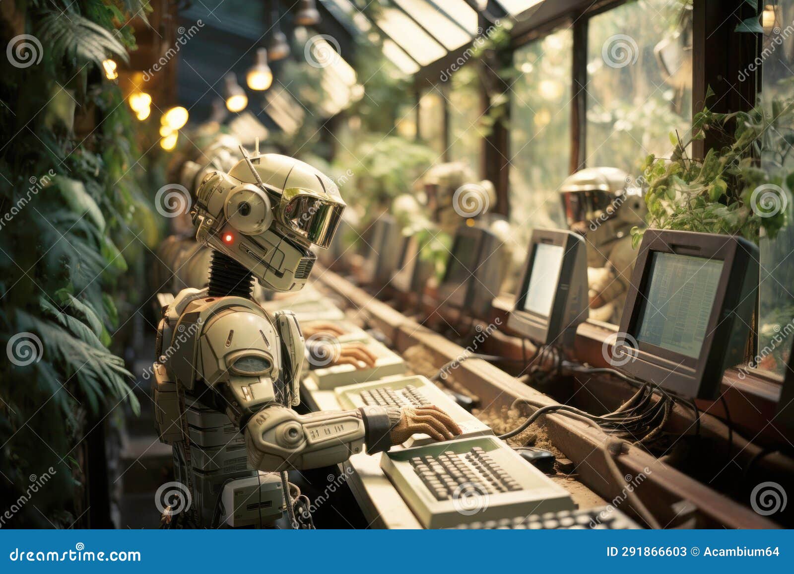 Robots Using Old Fashion PC Computer in the Garden Room Stock ...