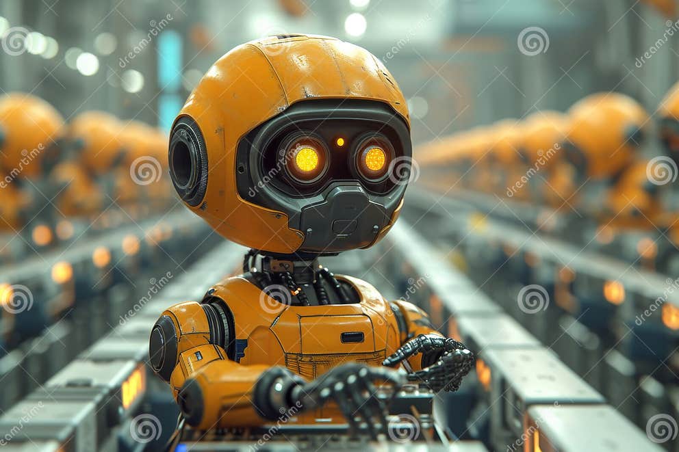 Robots Work in Factory. a Robots To Help a Worker Check Shipping Stock ...