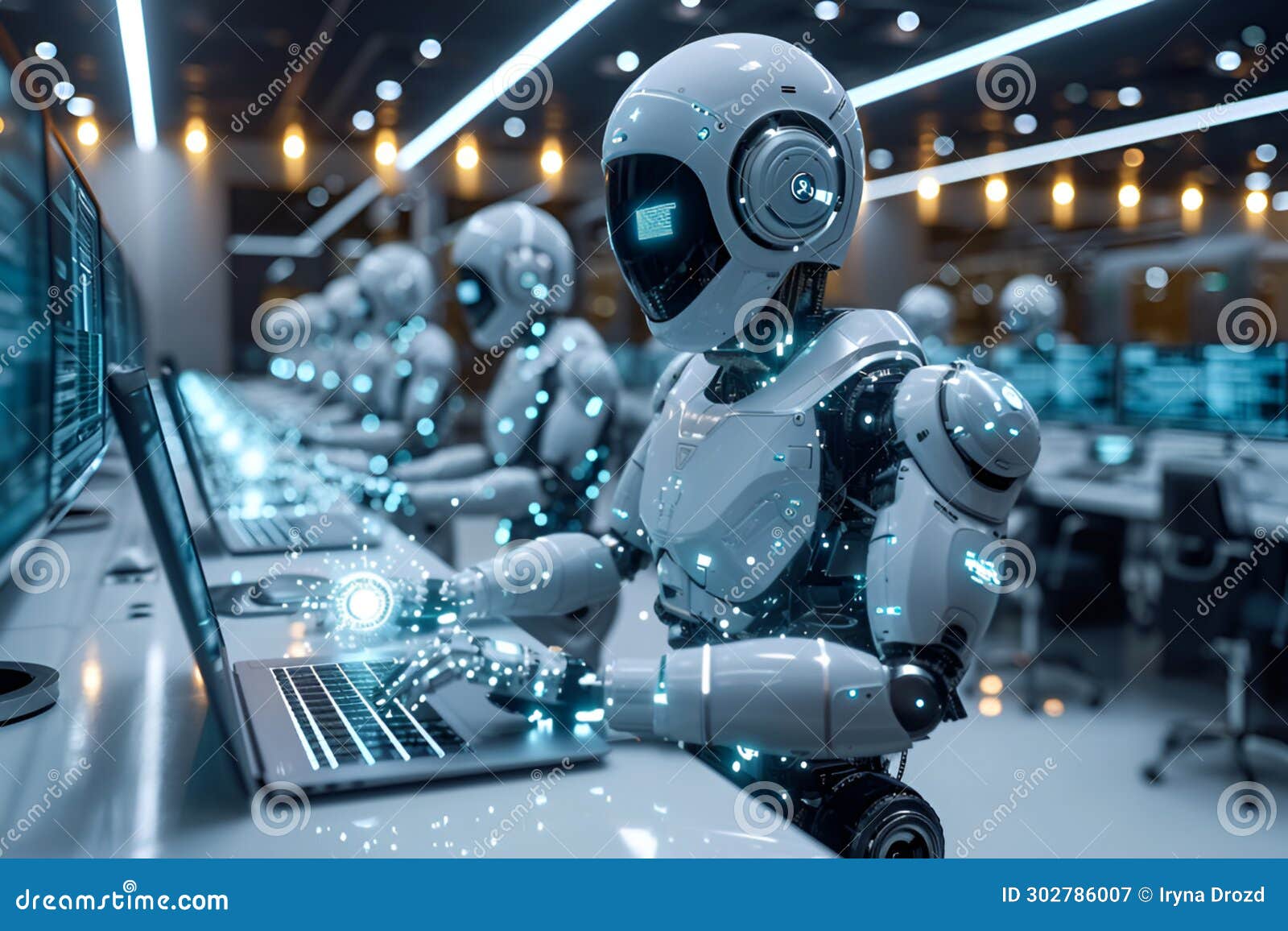 The Robots Work on a Laptop . Together Work, Technology Concept Stock ...