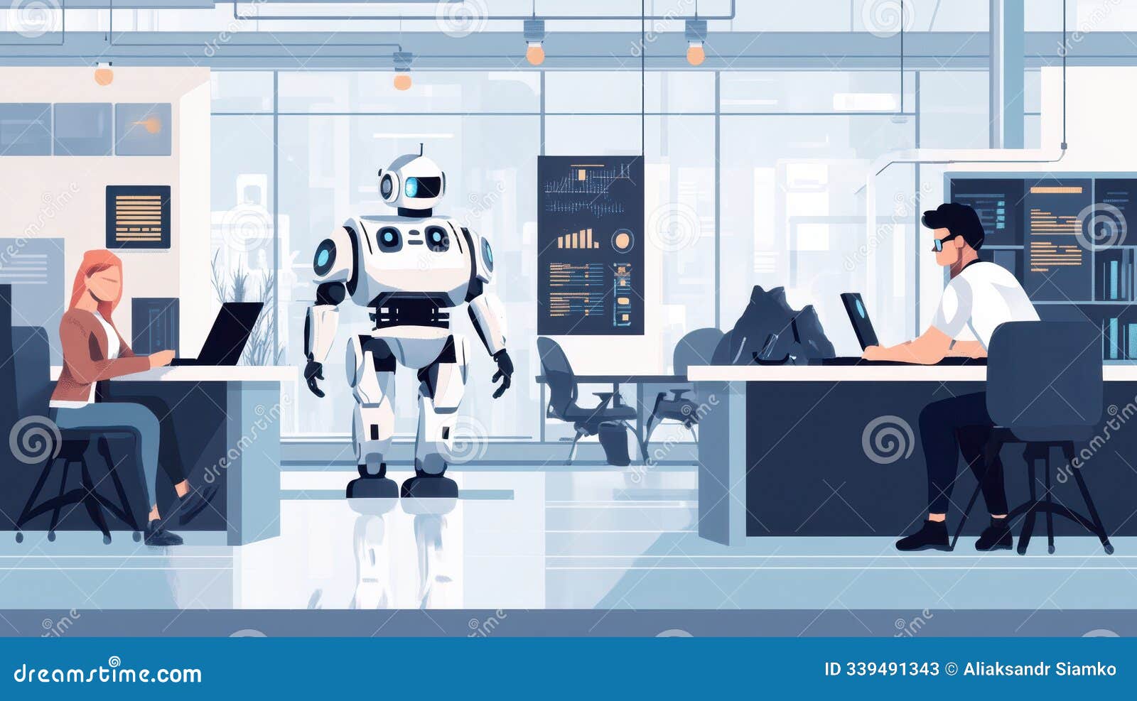 Robots Working Alongside Humans in a Modern Tech Workspace Stock Image ...