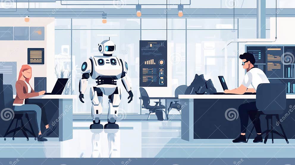 Robots Working Alongside Humans in a Modern Tech Workspace Stock Image ...