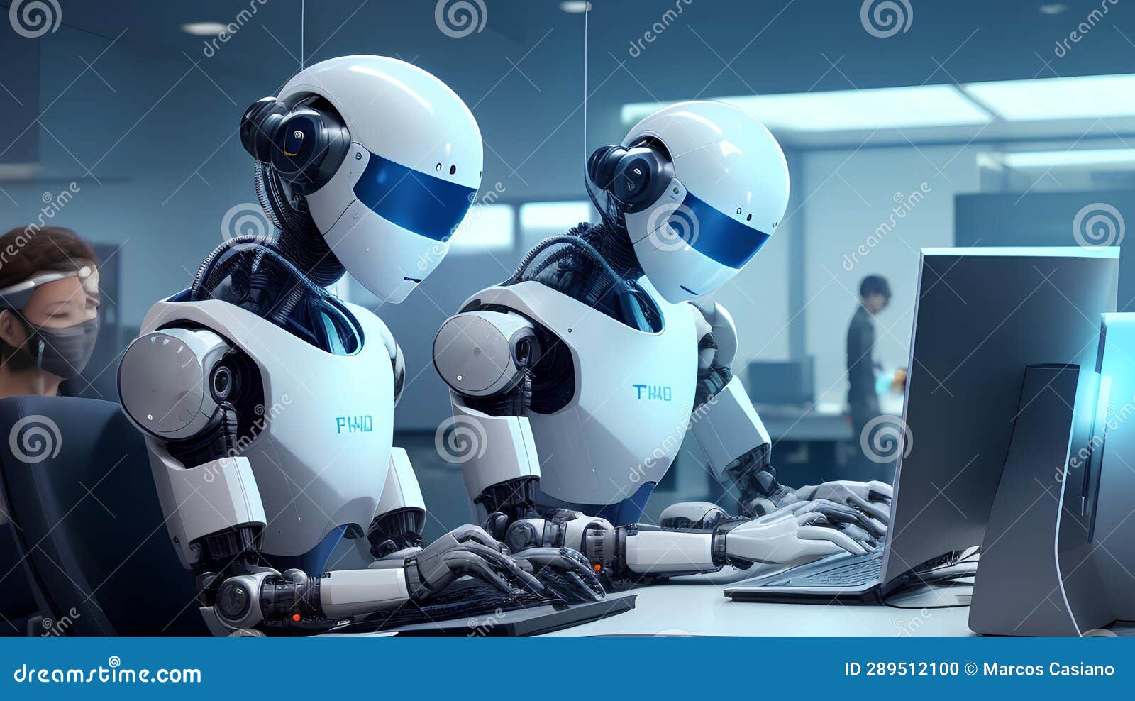 Robots Working Alongside People Typing on Computers Stock Illustration ...