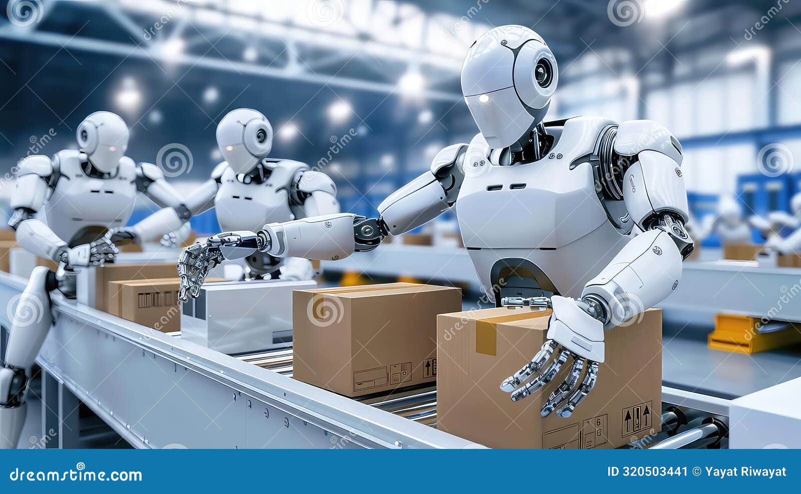 White Robots Work To Tidy Up the Queue for Packing Boxes. Stock ...