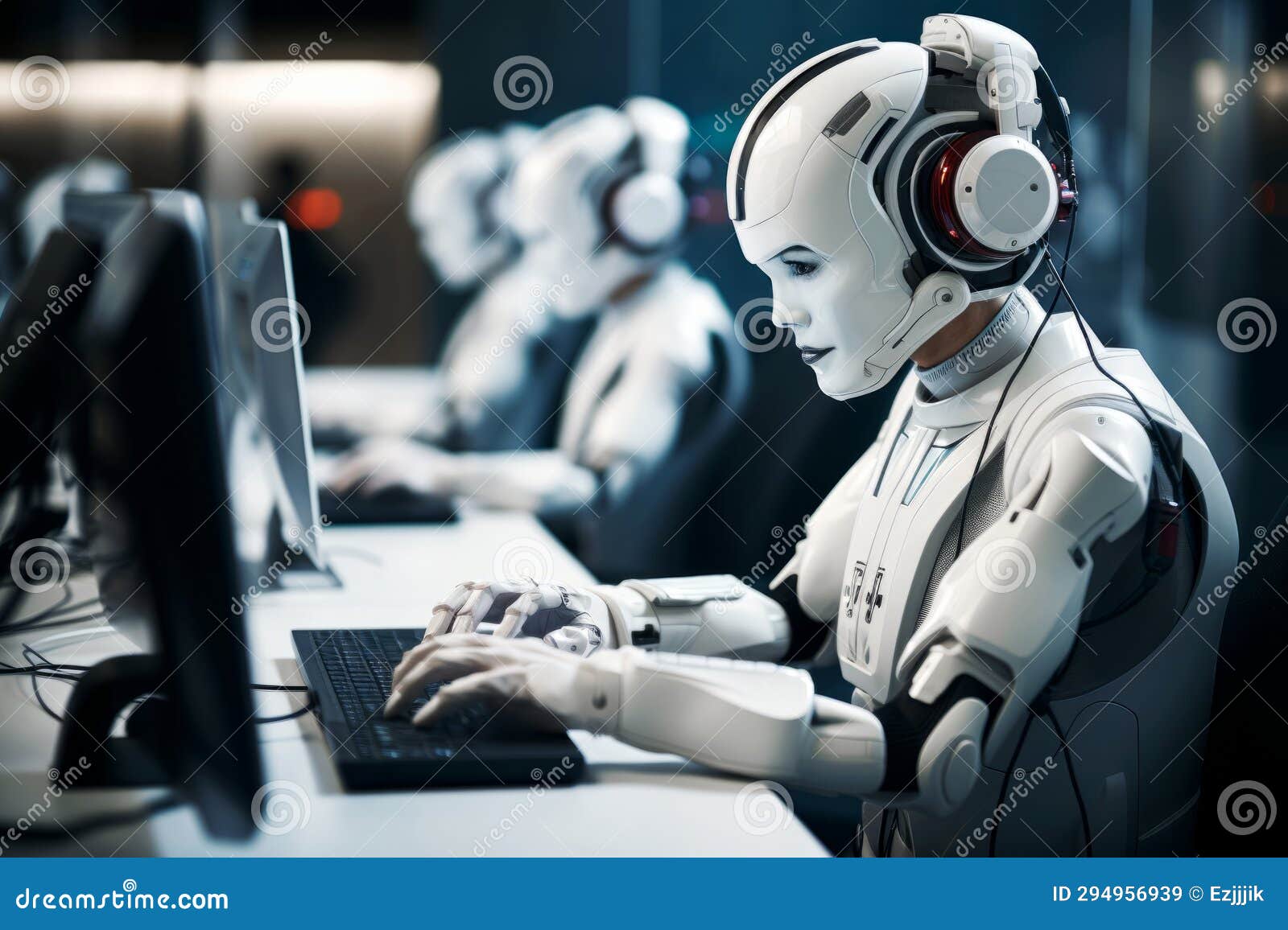 Robots Working in a Call Center or Hotline with Headset and Laptop ...