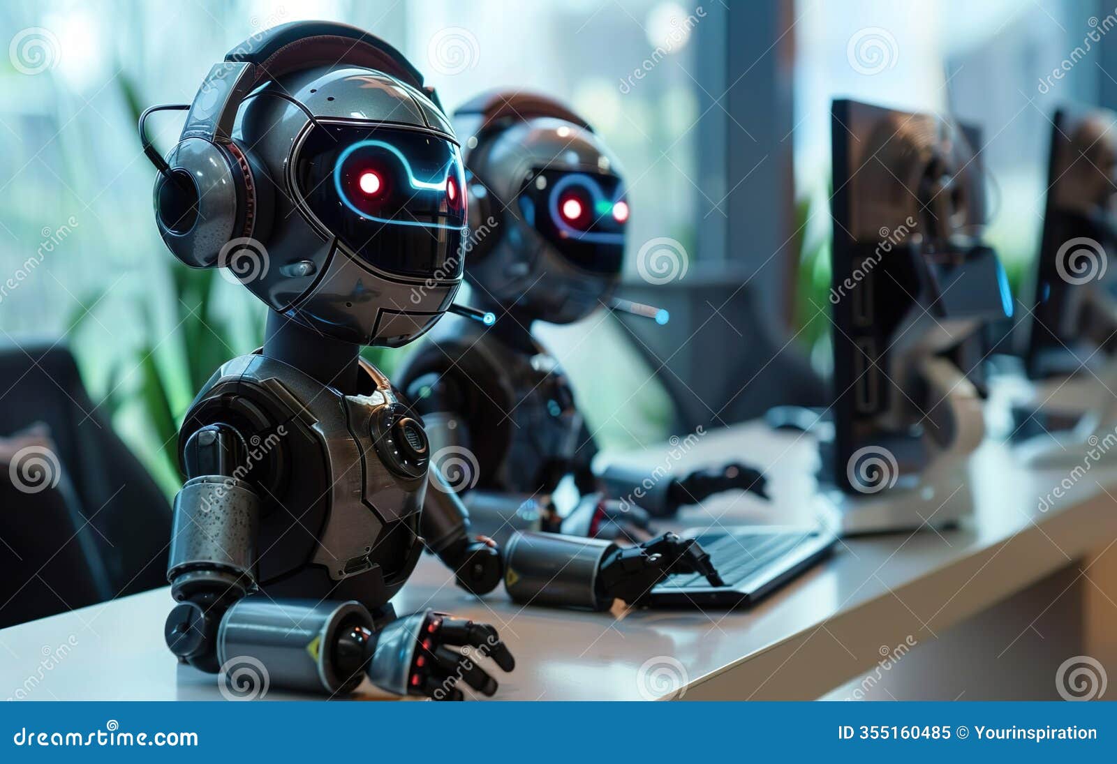 Robots Working in Call Center Modern Office. AI Centered World Concept ...