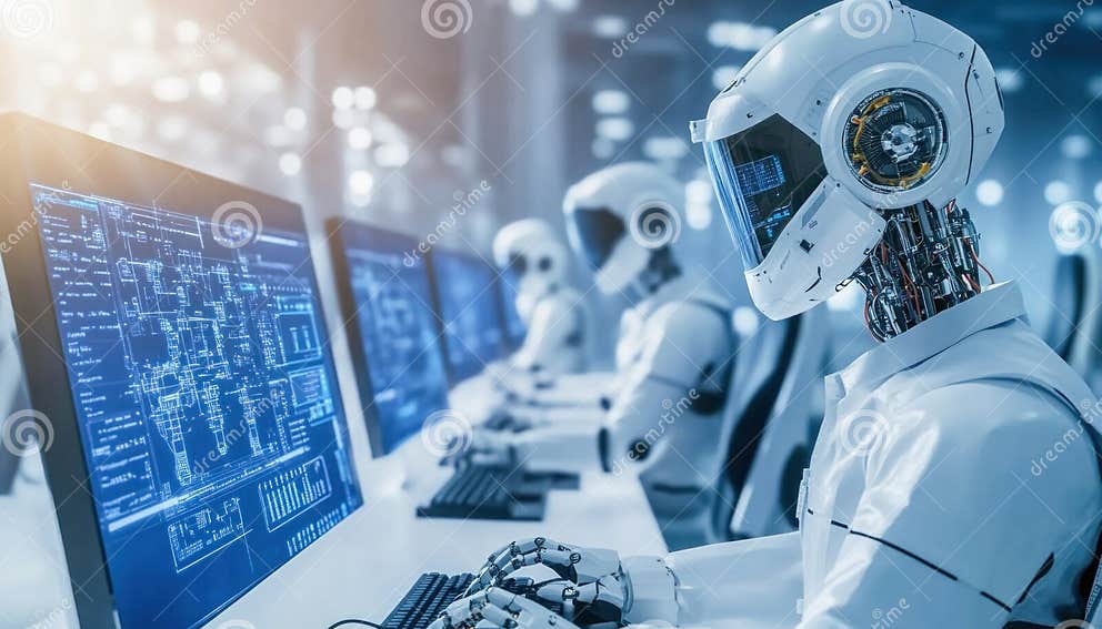 Robots Working on Computers in Futuristic Office Setting Stock Image - Image of digital, modern ...