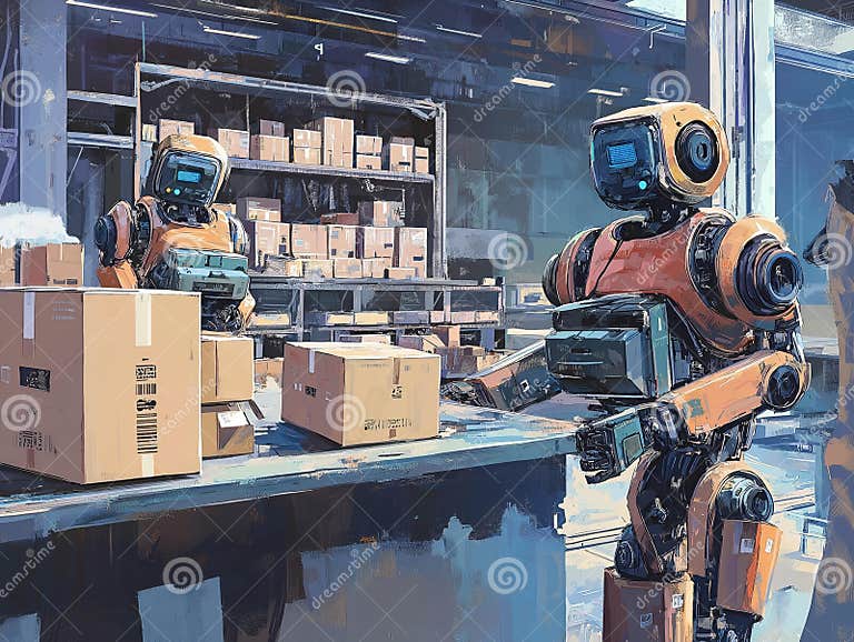 Robots Working in a Warehouse Sorting and Moving Boxes Stock ...