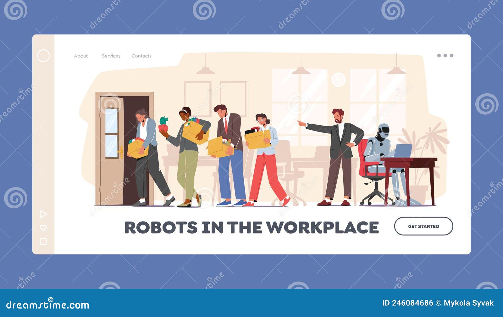 Boss Replacing Employees On Robot Landing Page Template Set. Workers ...
