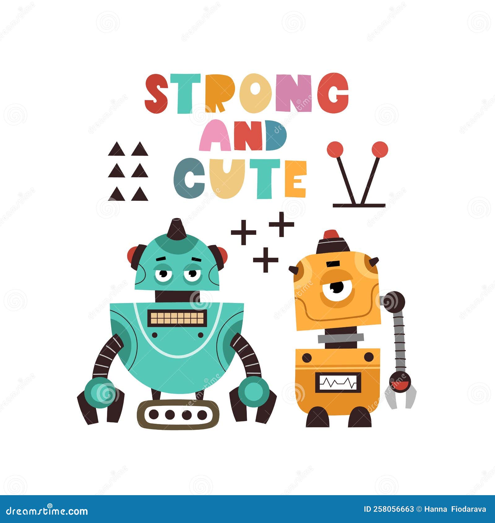 Strong and Cute. Cartoon Robots, Hand Drawing Lettering, Decor Elements ...
