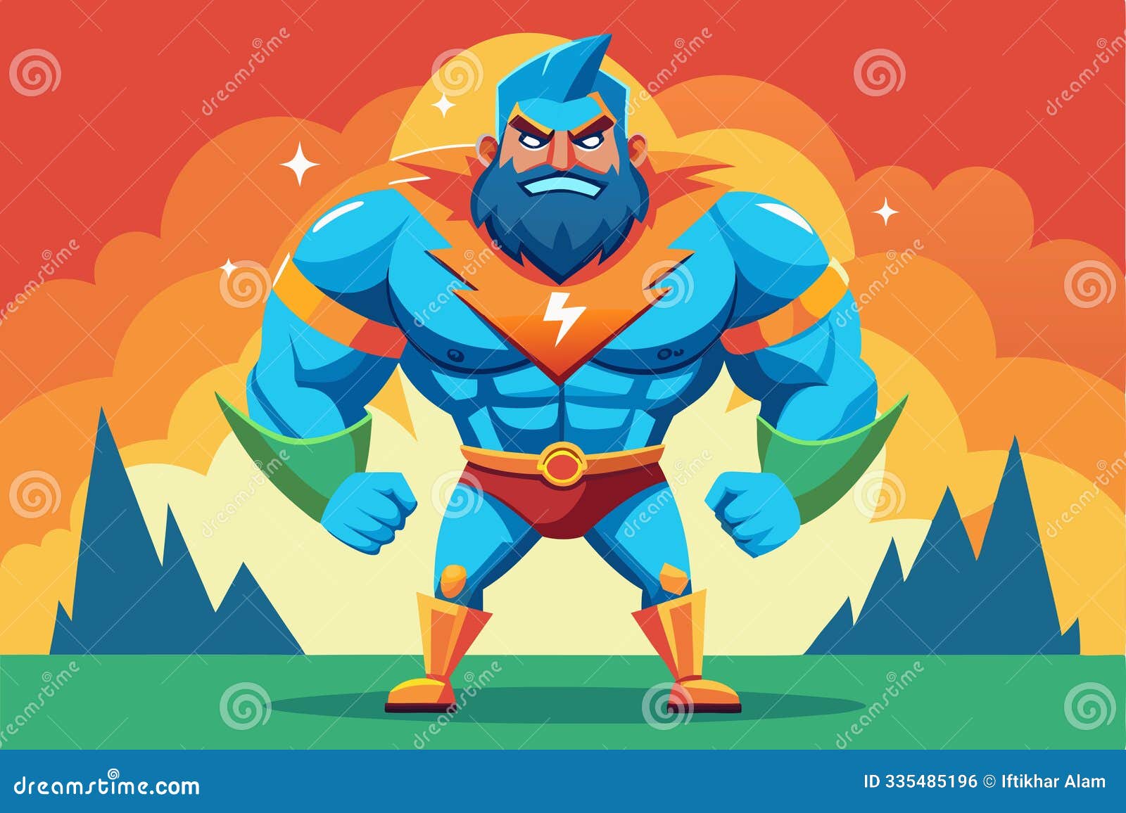 A Robust Cartoon Superhero Flexes Muscles with an Intense Expression in ...