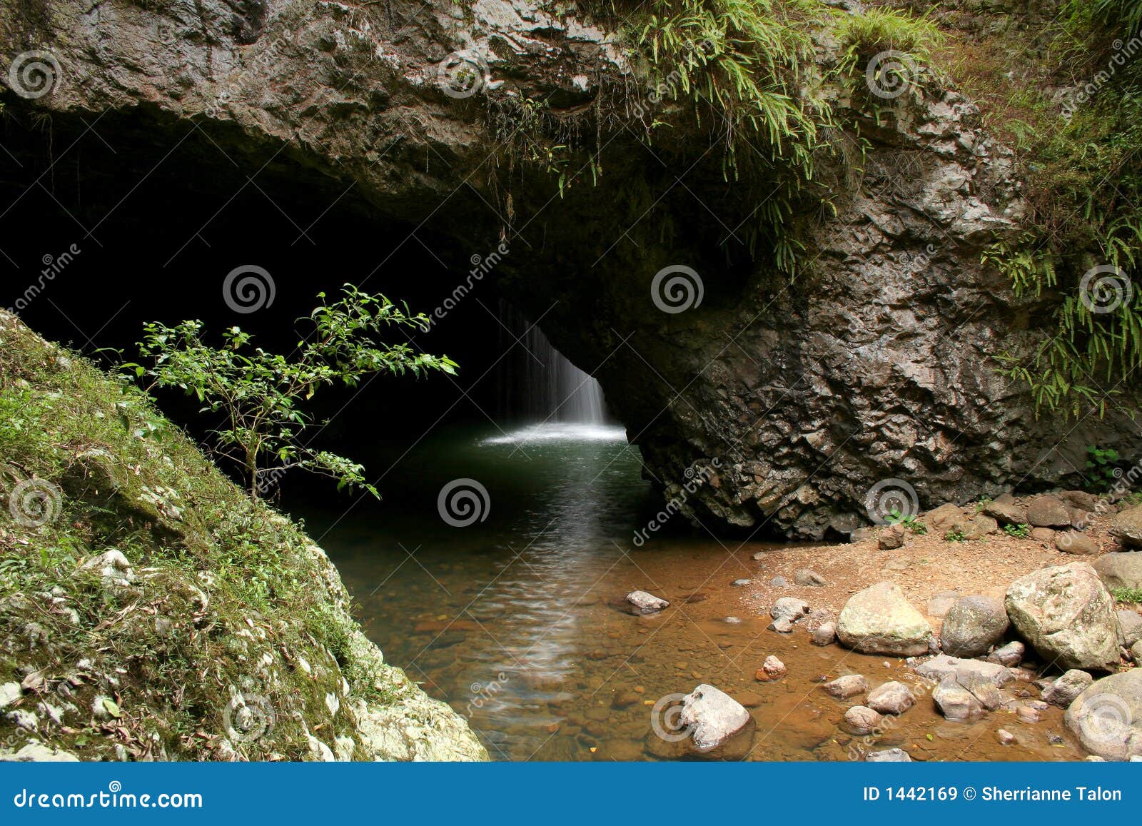 Rock arch and waterfall stock image. Image of cascading - 1442169