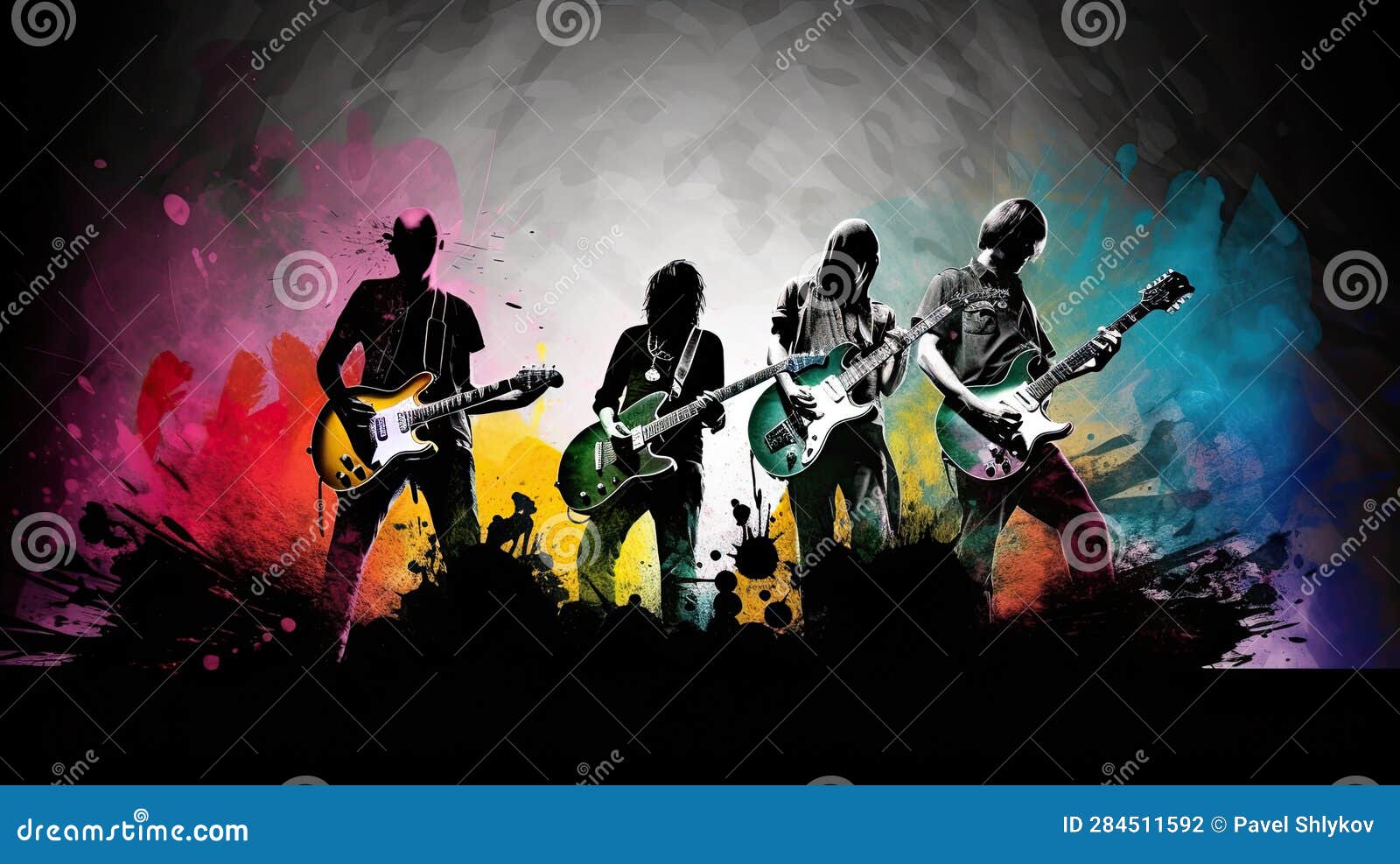 Rock Band on Stage. Ensemble, People with Guitars. Stock Illustration ...