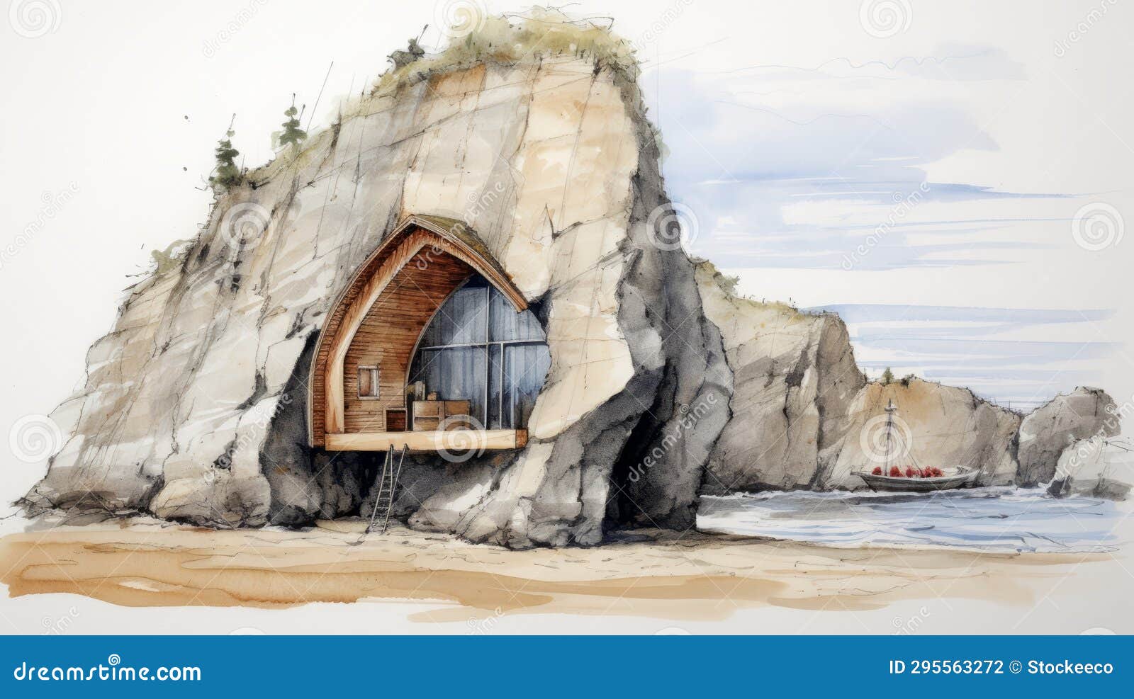 Rock-based House Drawing with Shingle Architecture and Cave Stock ...