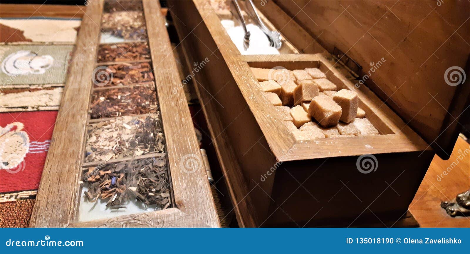 A Group of Rock Sugar. Brown Sugar Cubes in Wooden Box . Various Tea ...