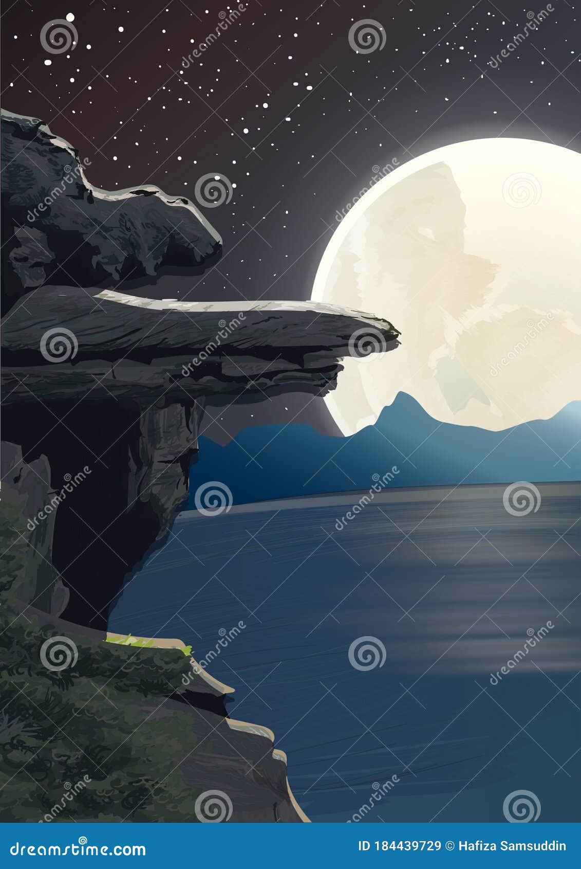Rock Cliff and Full Moon. Vector Illustration Decorative Background ...