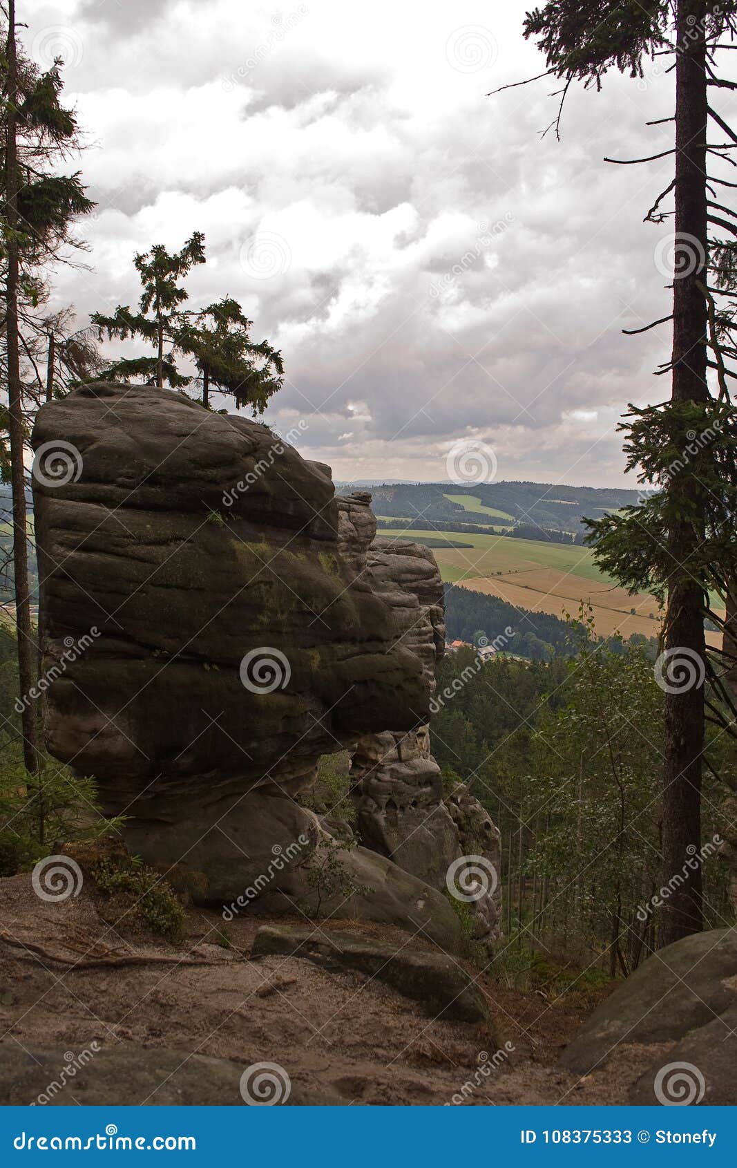 Rock Cliff Overlooking Forest and Meadows Stock Image - Image of color ...