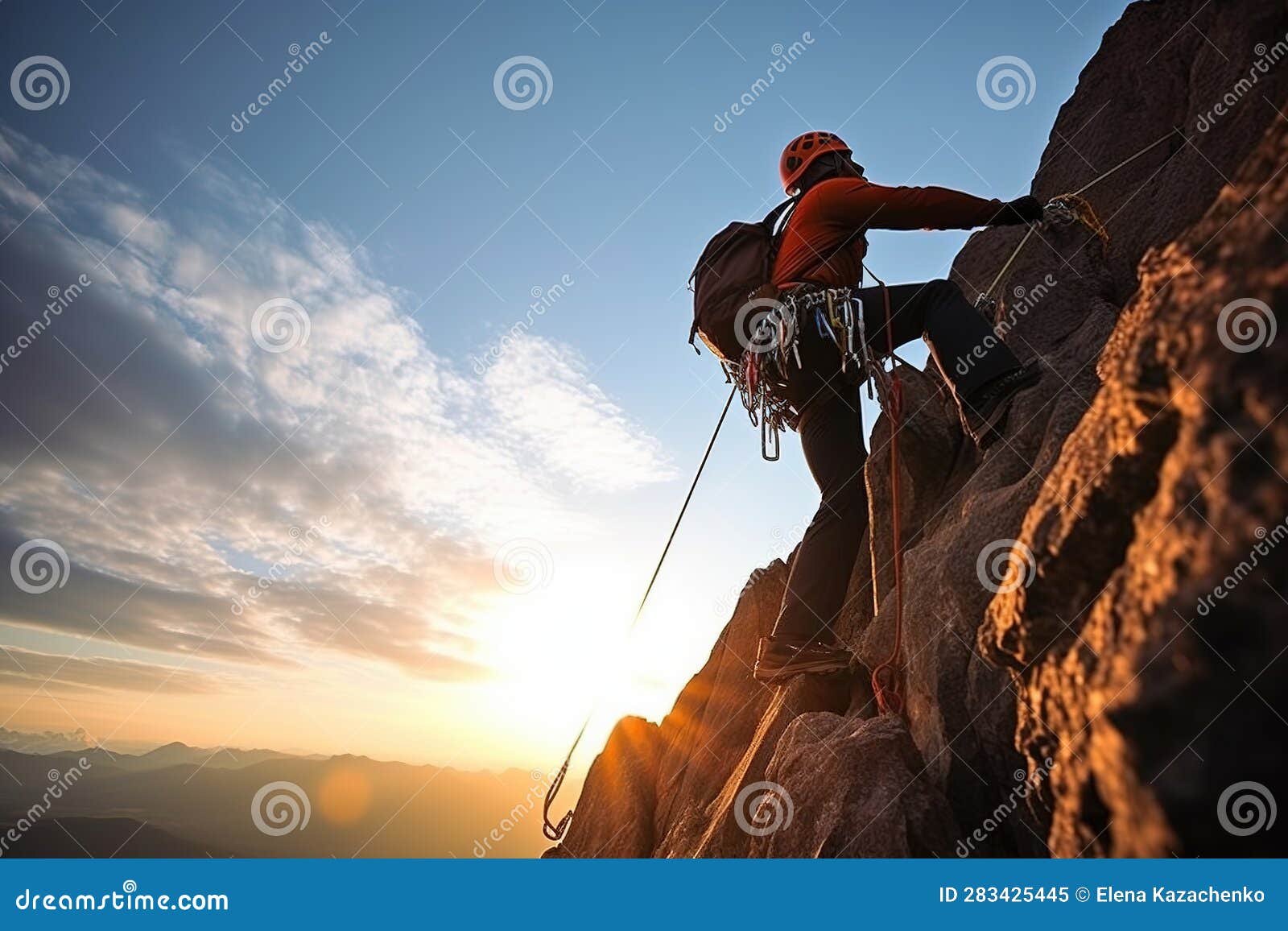 Rock Climber Climbing Forward at Sunset, Copy Space Stock Illustration ...