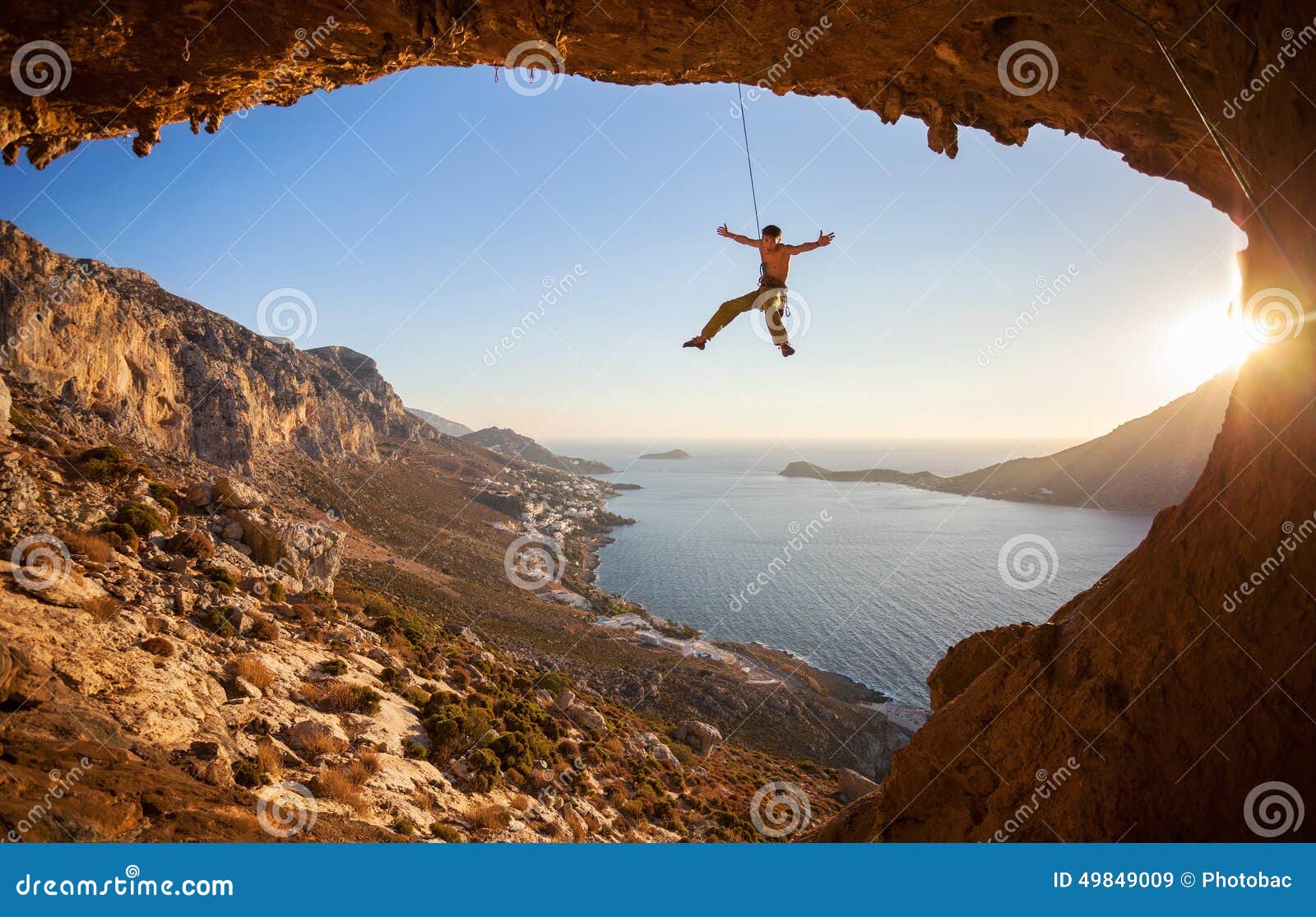 Rock Climber Hanging on Rope while Lead Climbing Stock Image - Image of ...