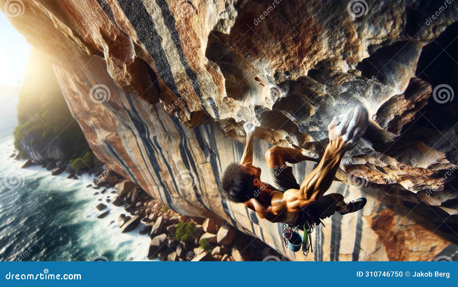 A Rock Climber Performs a Dynamic Movement To Grasp a Difficult Rock ...