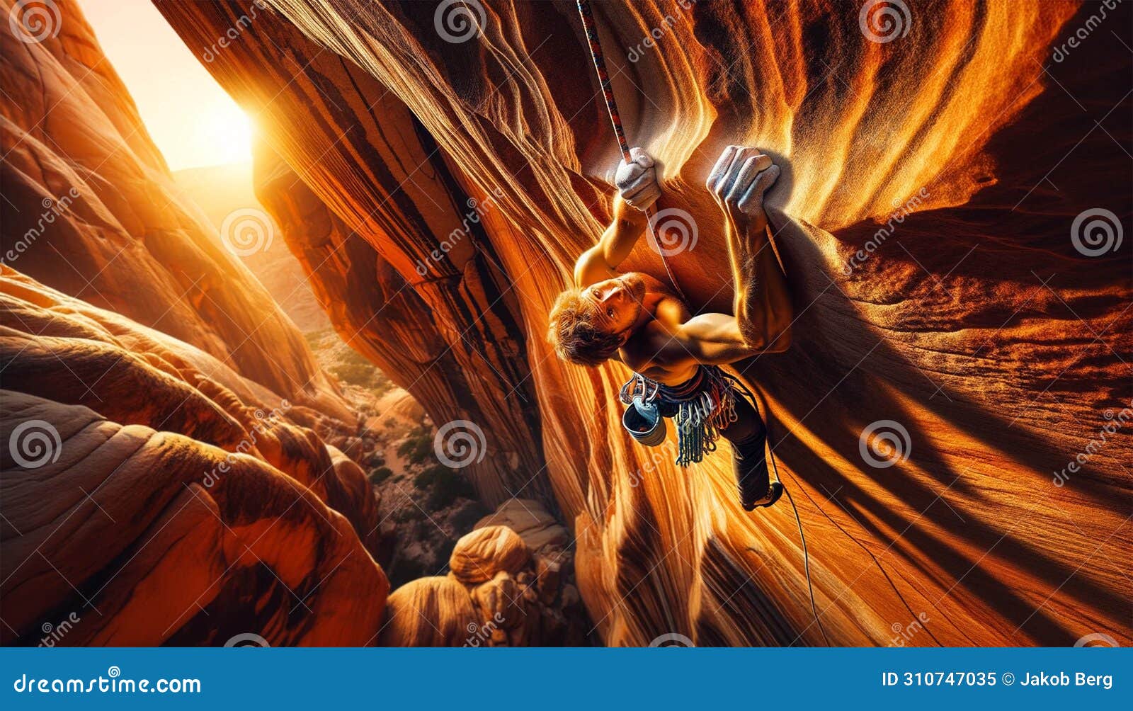 A Rock Climber Performs a Dynamic Movement To Grasp a Difficult Rock ...