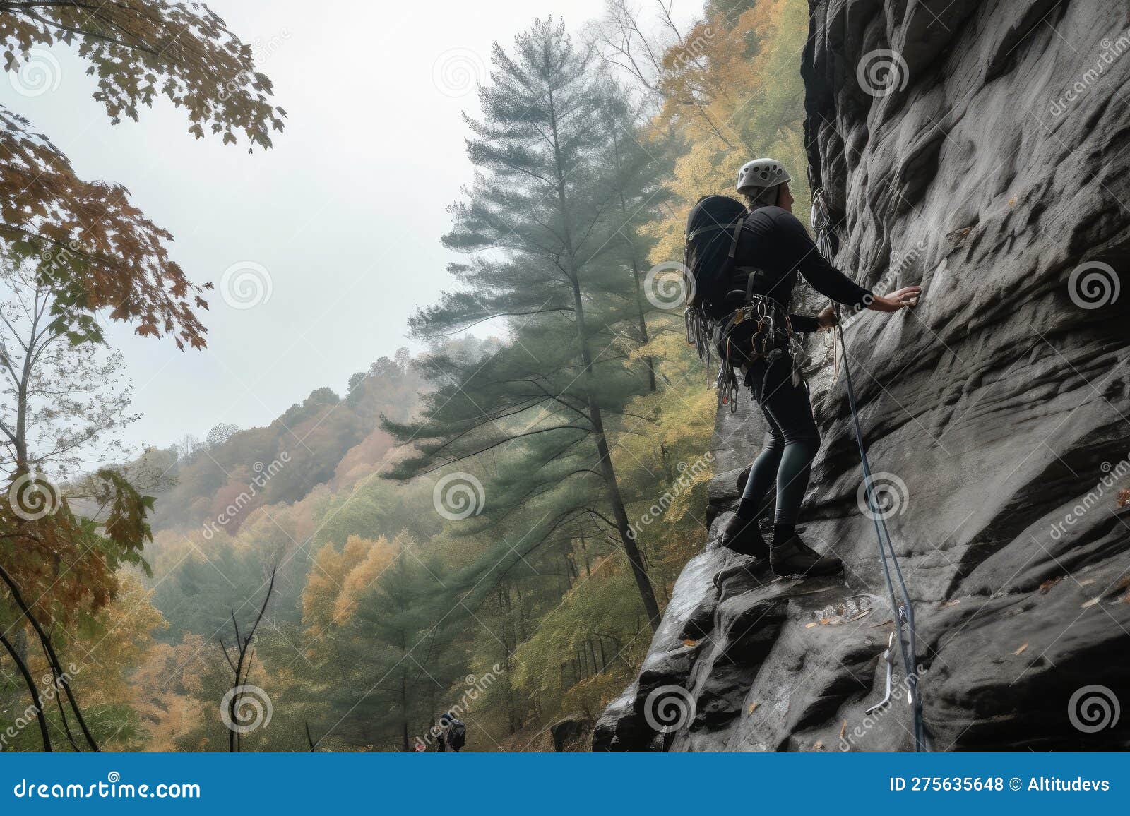 Rock Climber Scaling Vertical Wall with Backpack and Ropes Visible ...