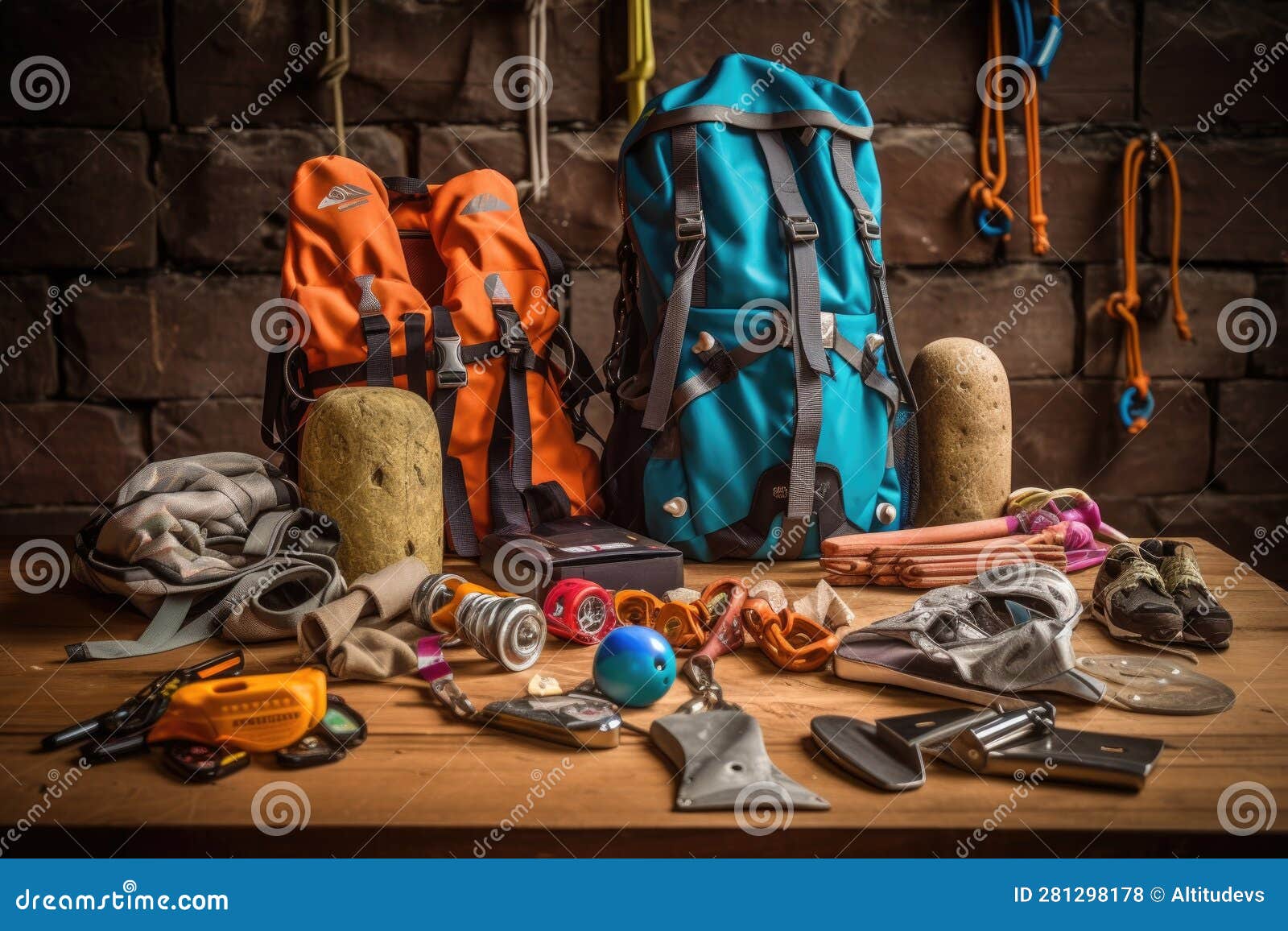 Rock Climbing Gear Spread Out on a Wooden Table Stock Illustration ...