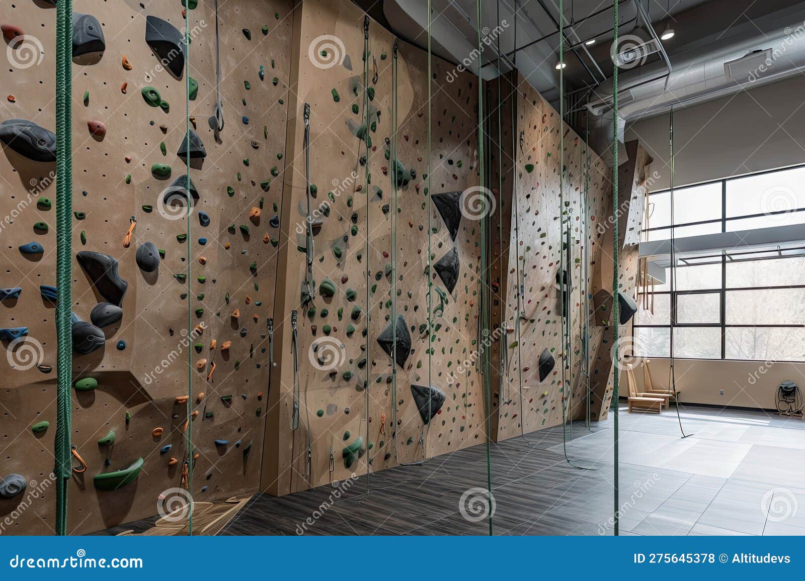 Rock Climbing Wall, with Ropes and Harnesses Dangling from it, in ...