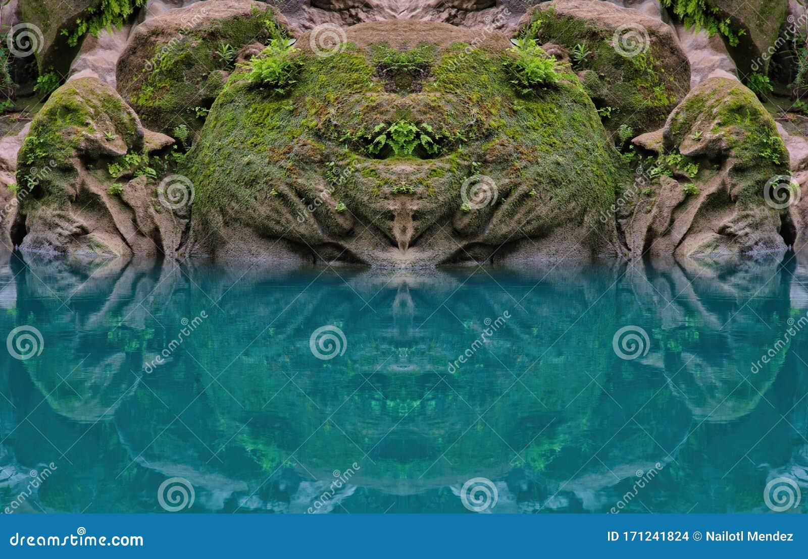 Rock Face Photomontage in River of Tamul Waterfall Stock Photo - Image ...
