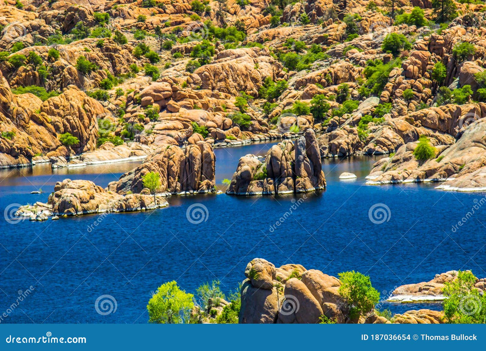 Rock Formation Islands in Blue Lake Stock Photo - Image of bushes ...