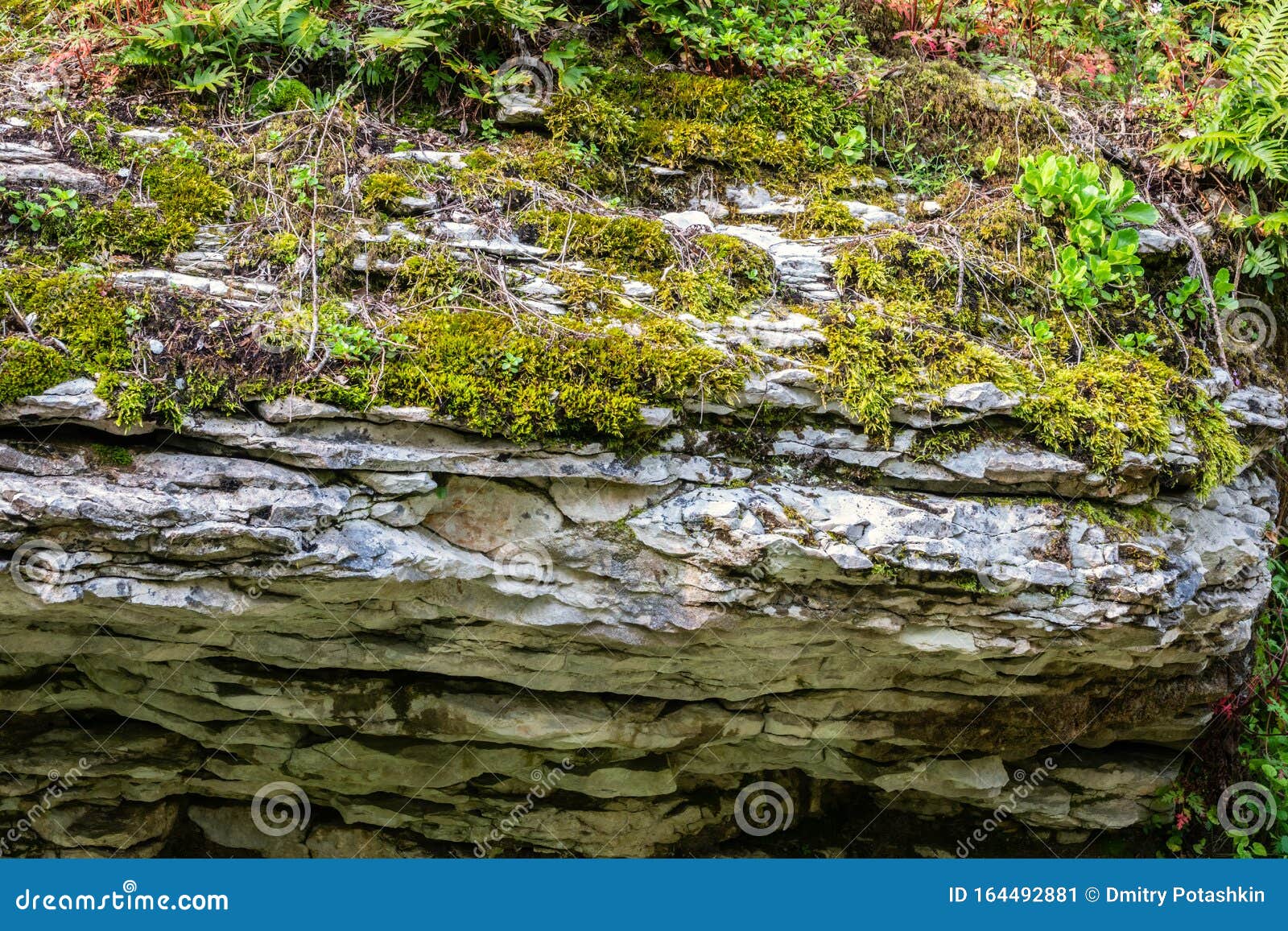 Rock of Layered Stone Overgrown with Grass and Moss Stock Image - Image ...