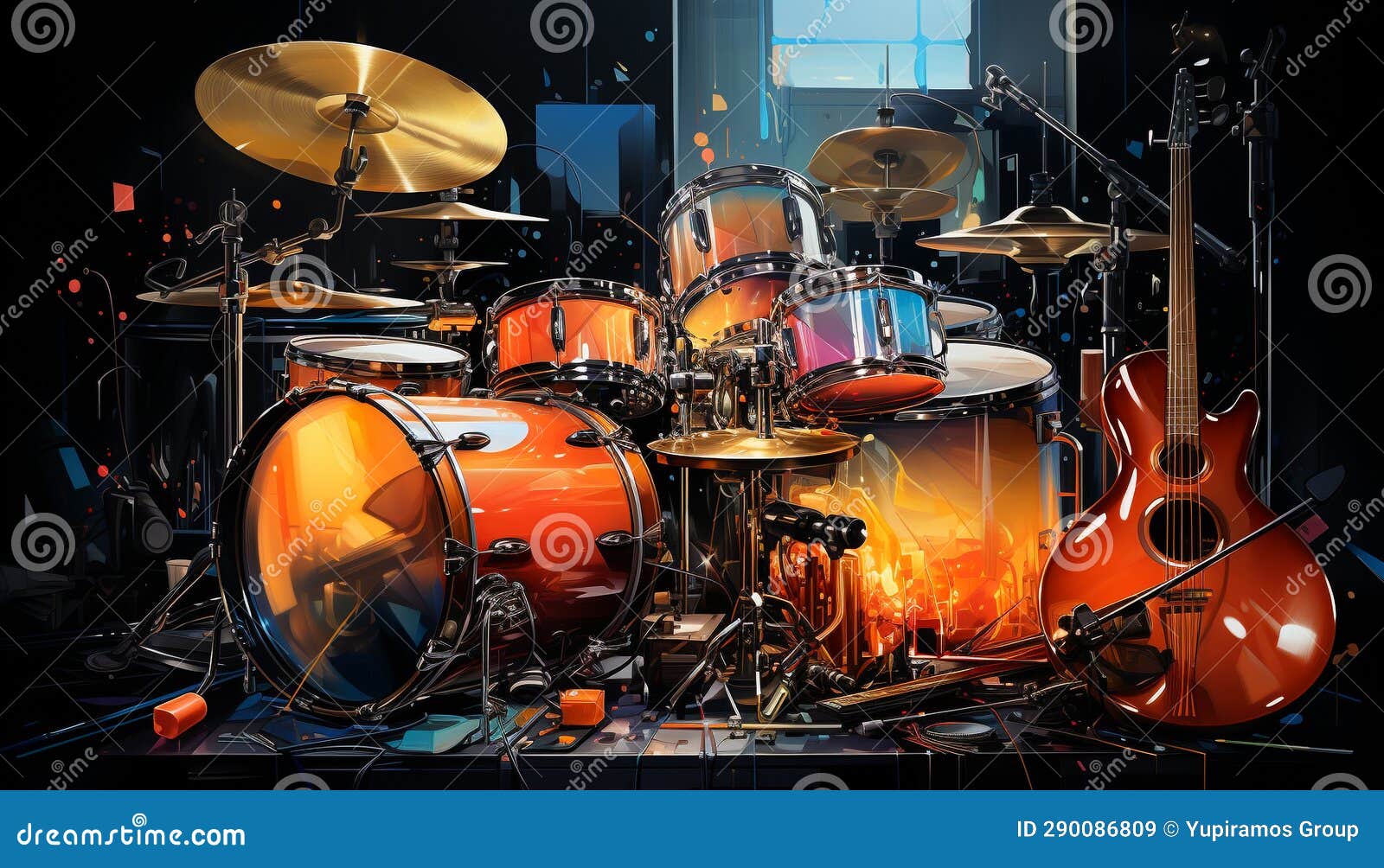 Rock Musician Performs on Stage with Drum Kit and Guitar Generated by ...