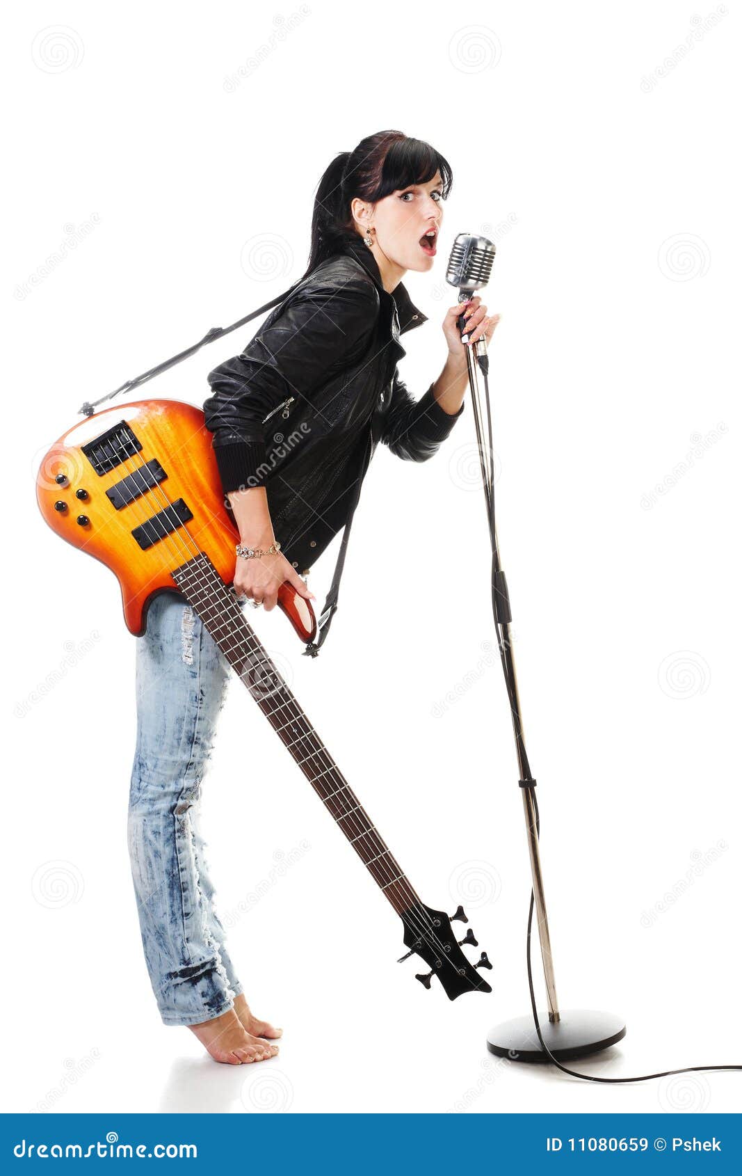 Rock-n-roll Girl Holding a Guitar Singing Stock Image - Image of ...
