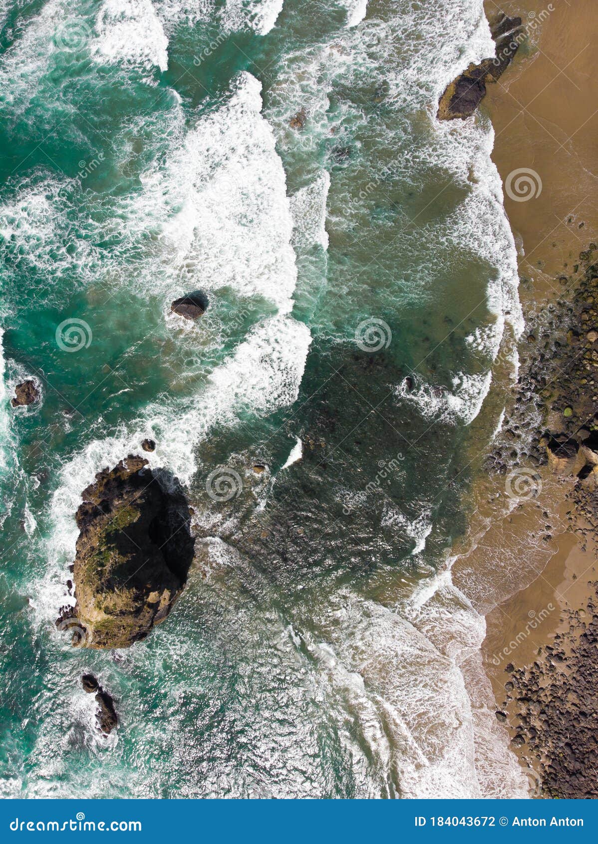 Rock in the Pacific Ocean, Waves and the Beach, Stones. Top View, Blue ...