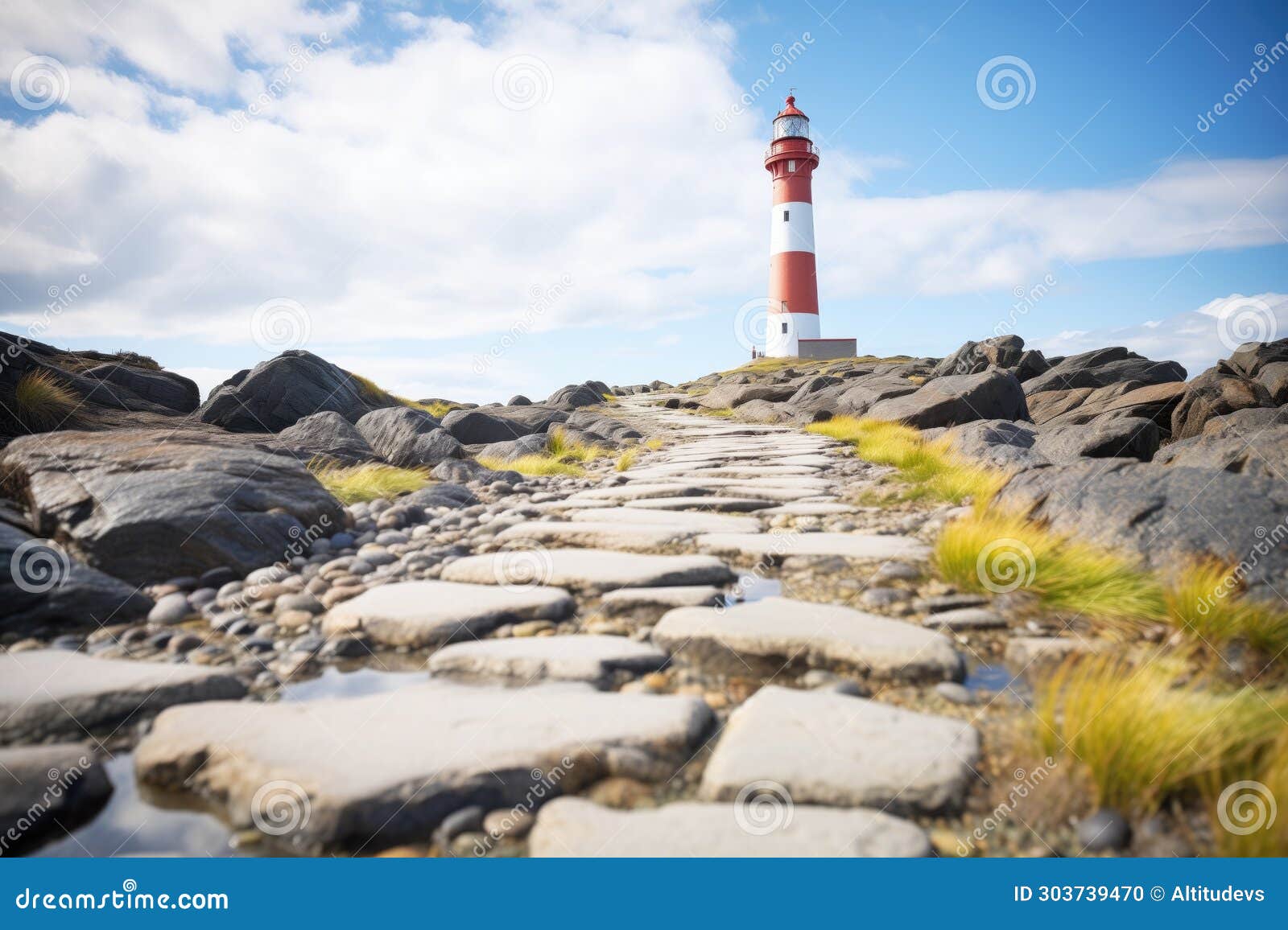 Rock Path Leading To an Isolated Lighthouse Stock Photo - Image of ...