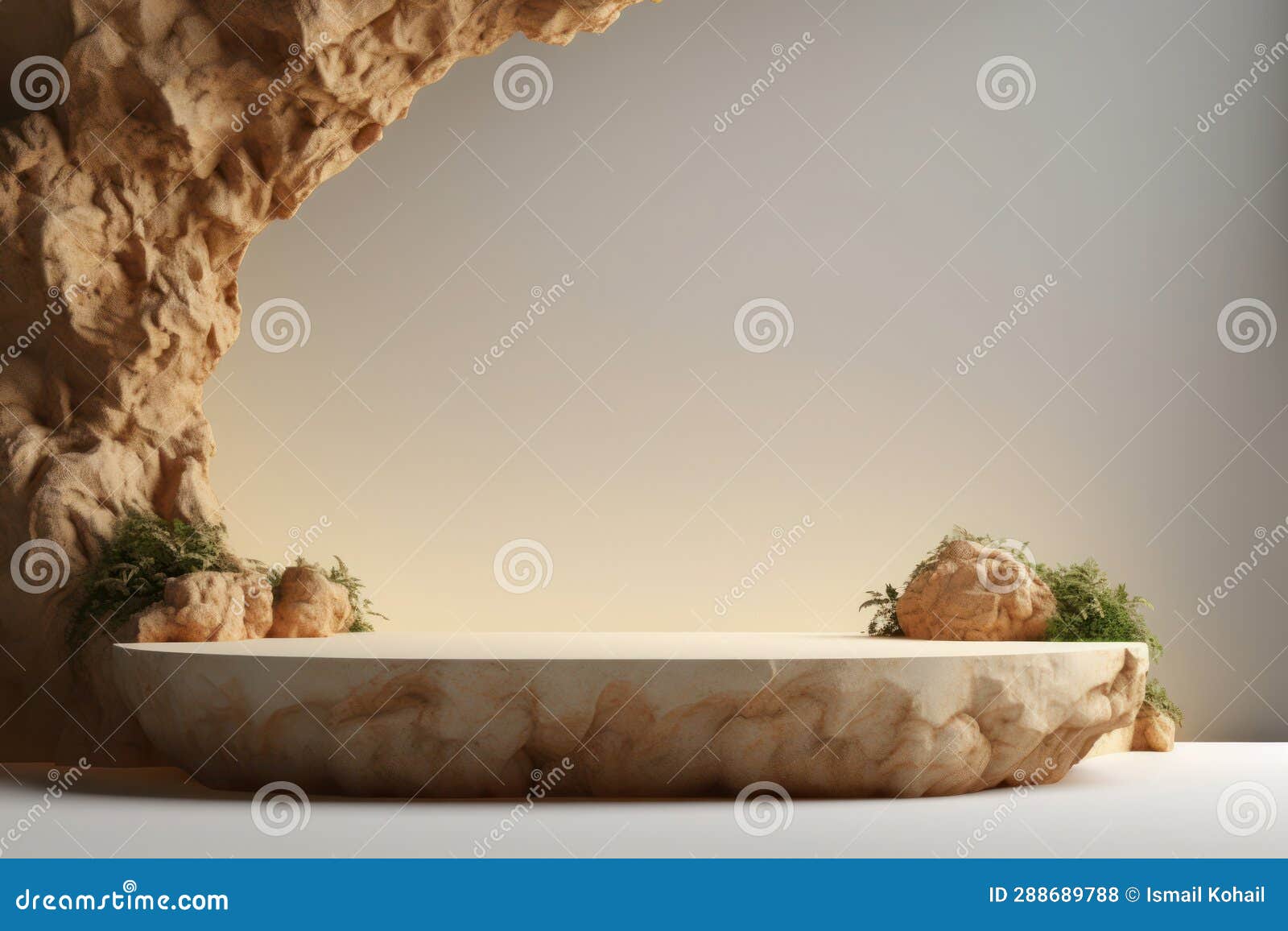 Rock Podium Platform in a Cave with Plants in it, Created by Generative ...