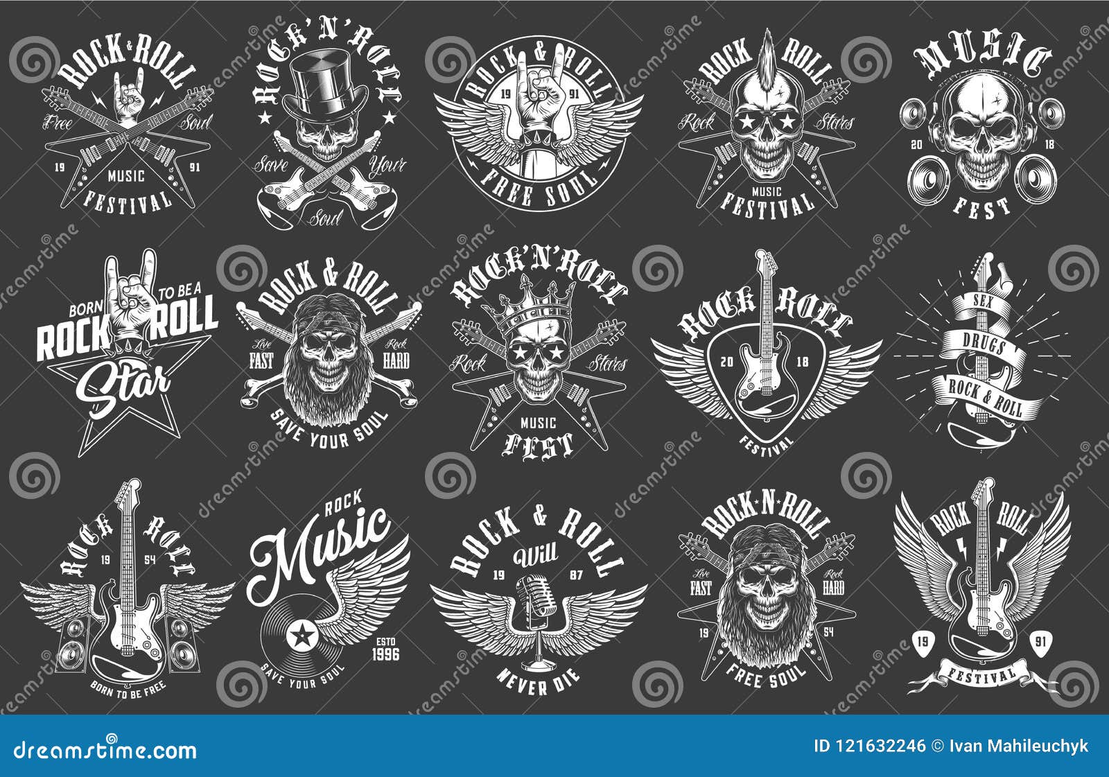 Rock and roll emblems stock vector. Illustration of head - 121632246