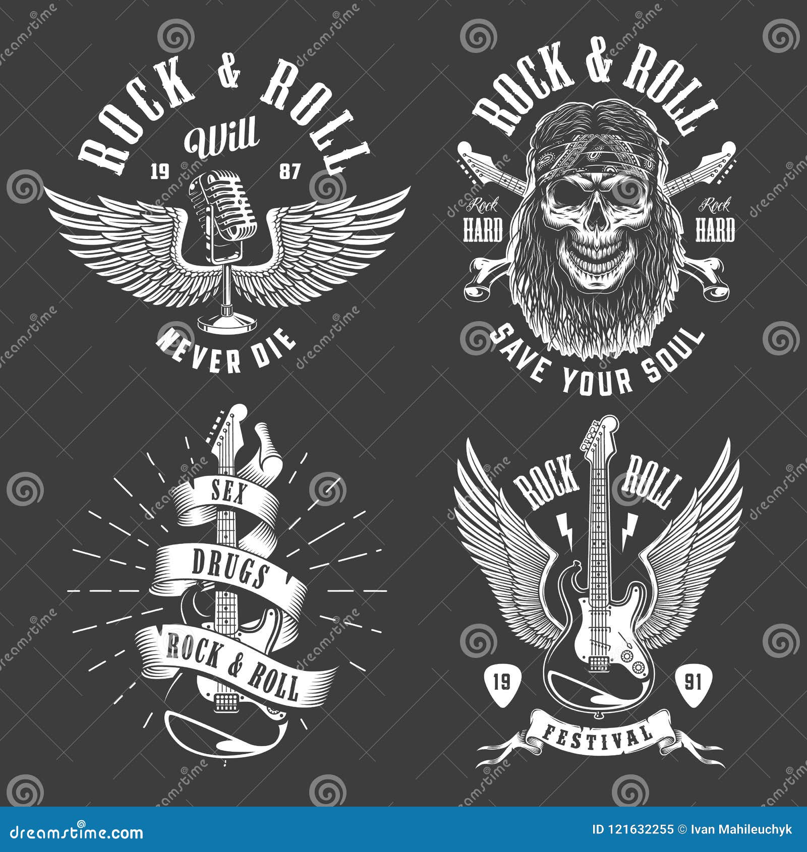 Rock and roll emblems stock vector. Illustration of grunge - 121632255