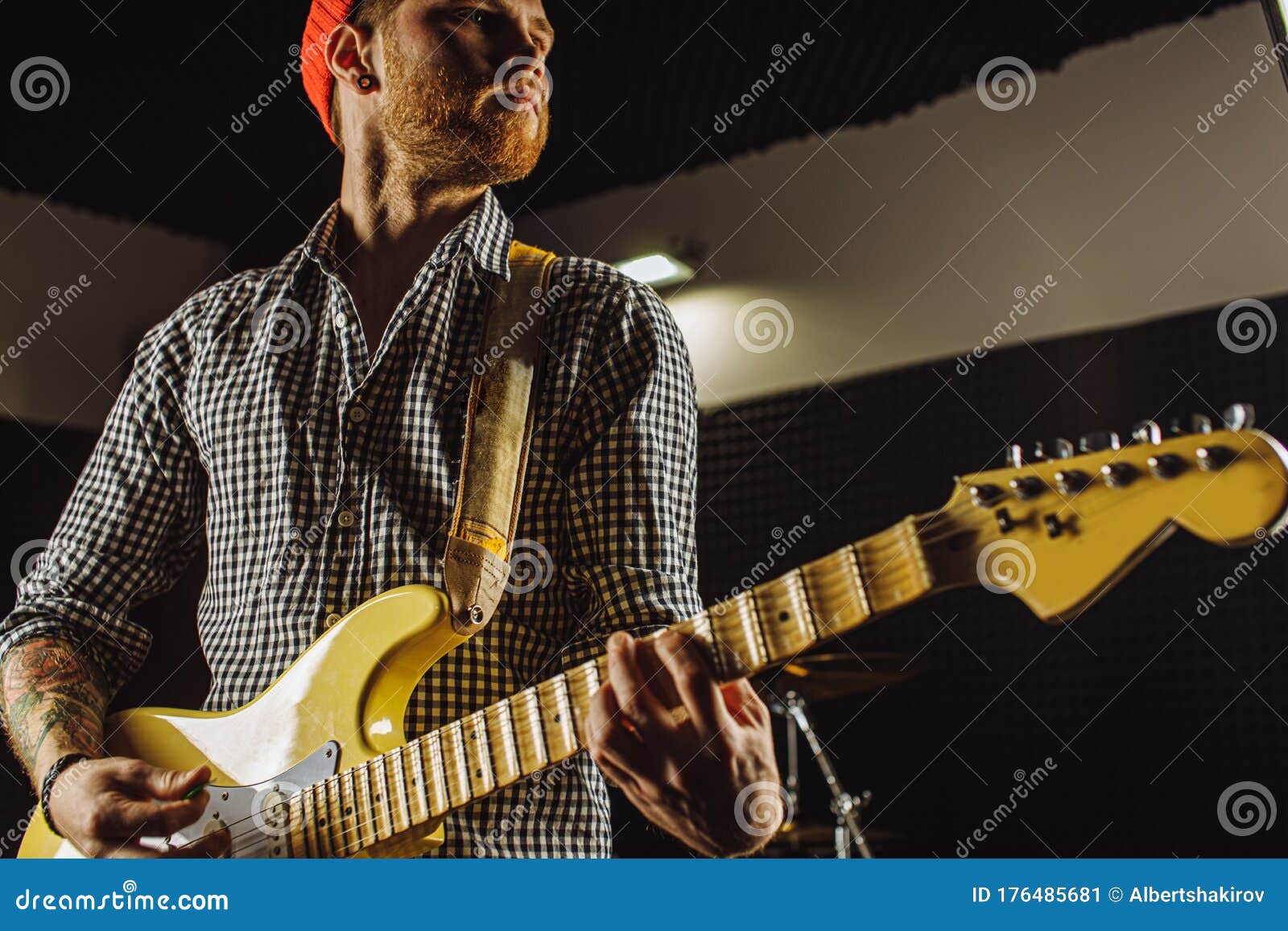 Rock and Roll. Musician Play Electric Guitar in Studio Stock Image ...