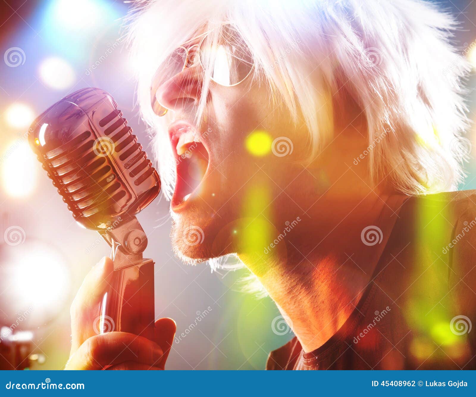 Rock Singer with Retro Microphone Stock Photo - Image of nightclub ...