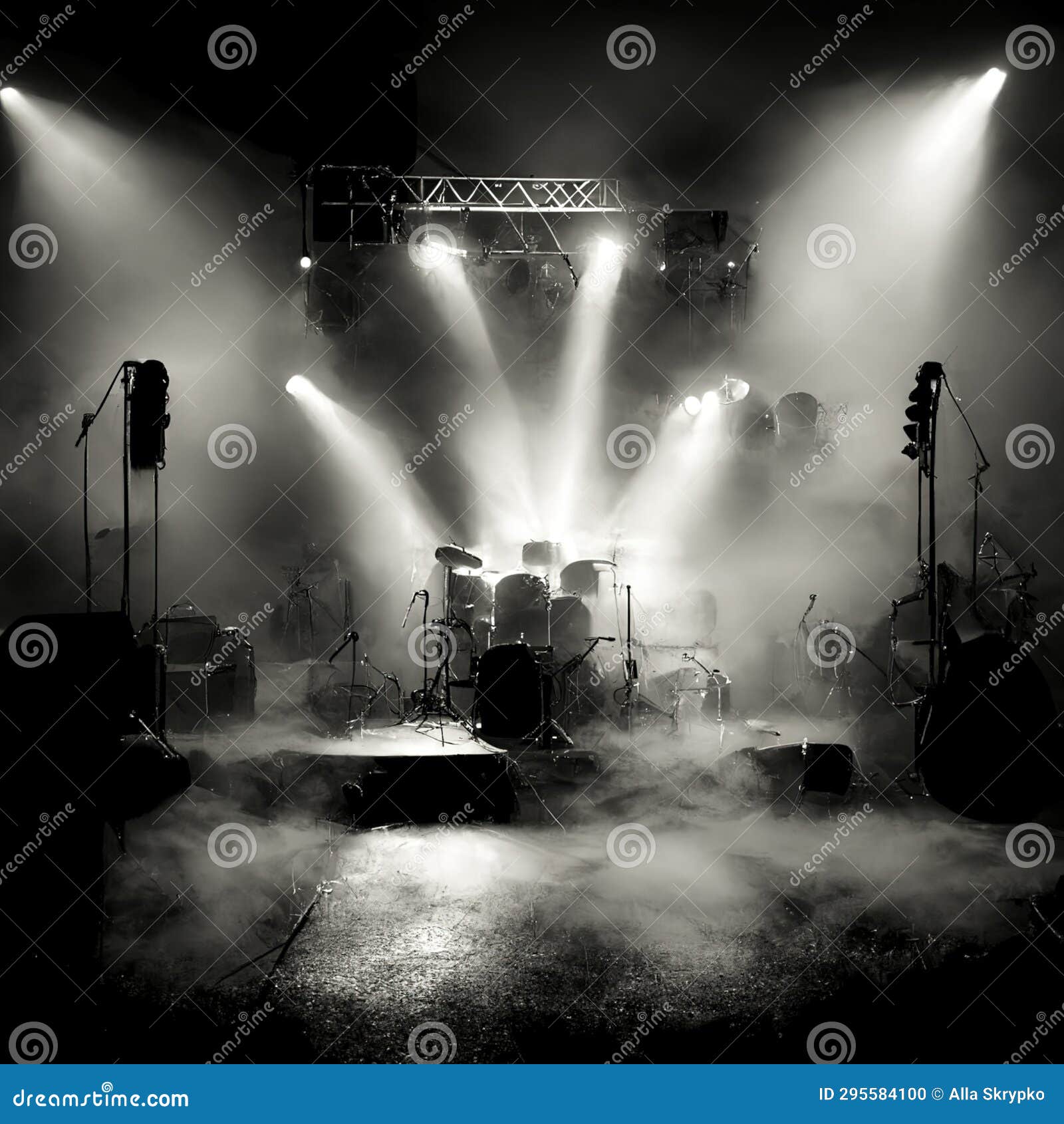 Rock Stage with Drums and Stage Lights in Concert Fog Stock Photo ...