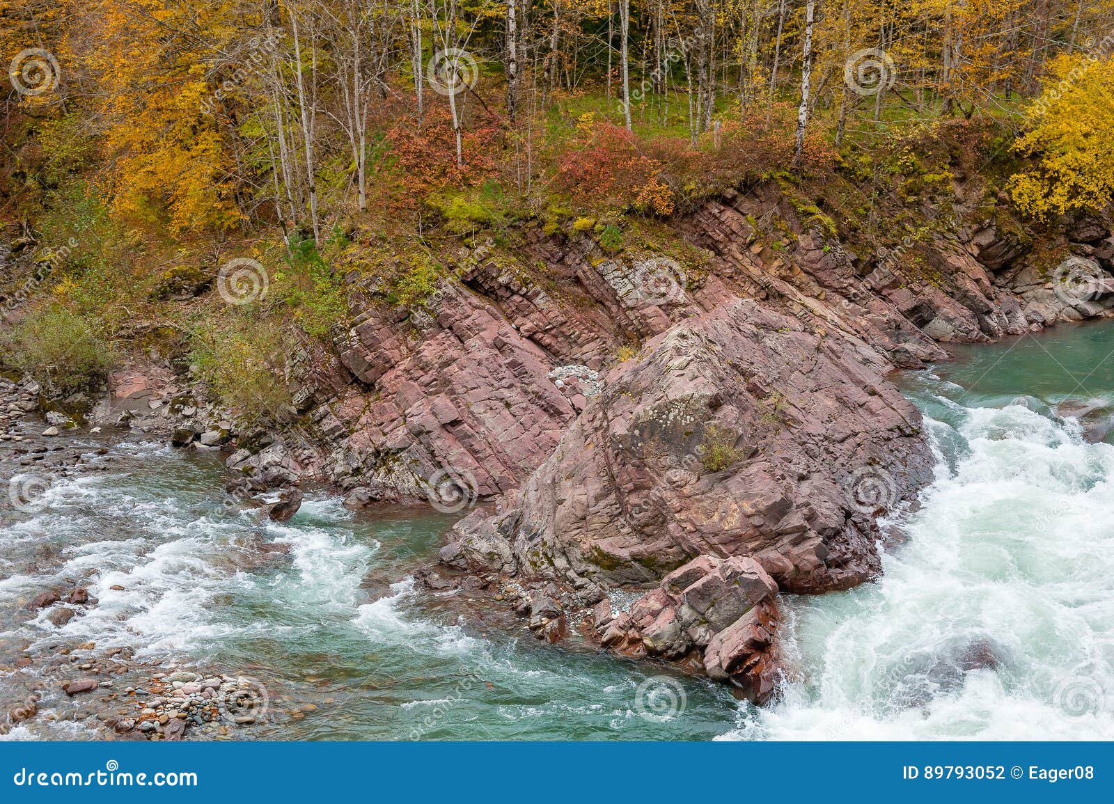 Rock in Stream Flow of Mountains River Fall Season Stock Photo - Image ...