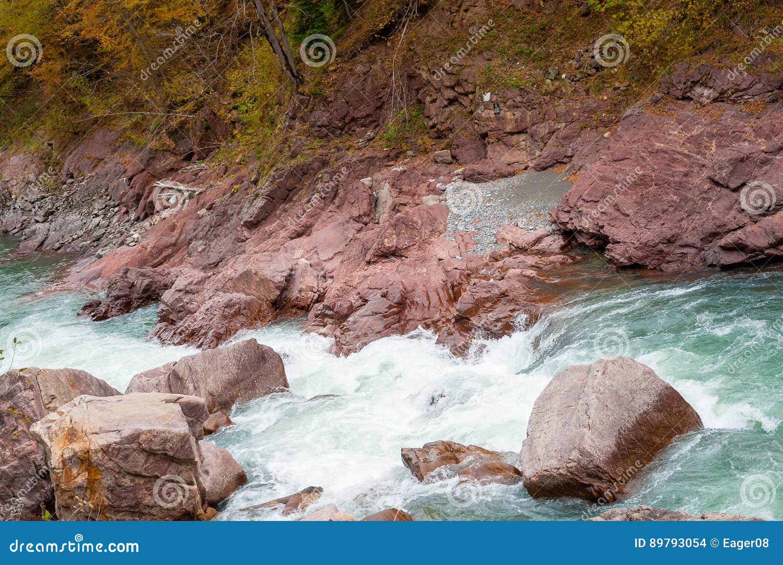 Rock in Stream Flow of Mountains River Fall Season Stock Photo - Image ...
